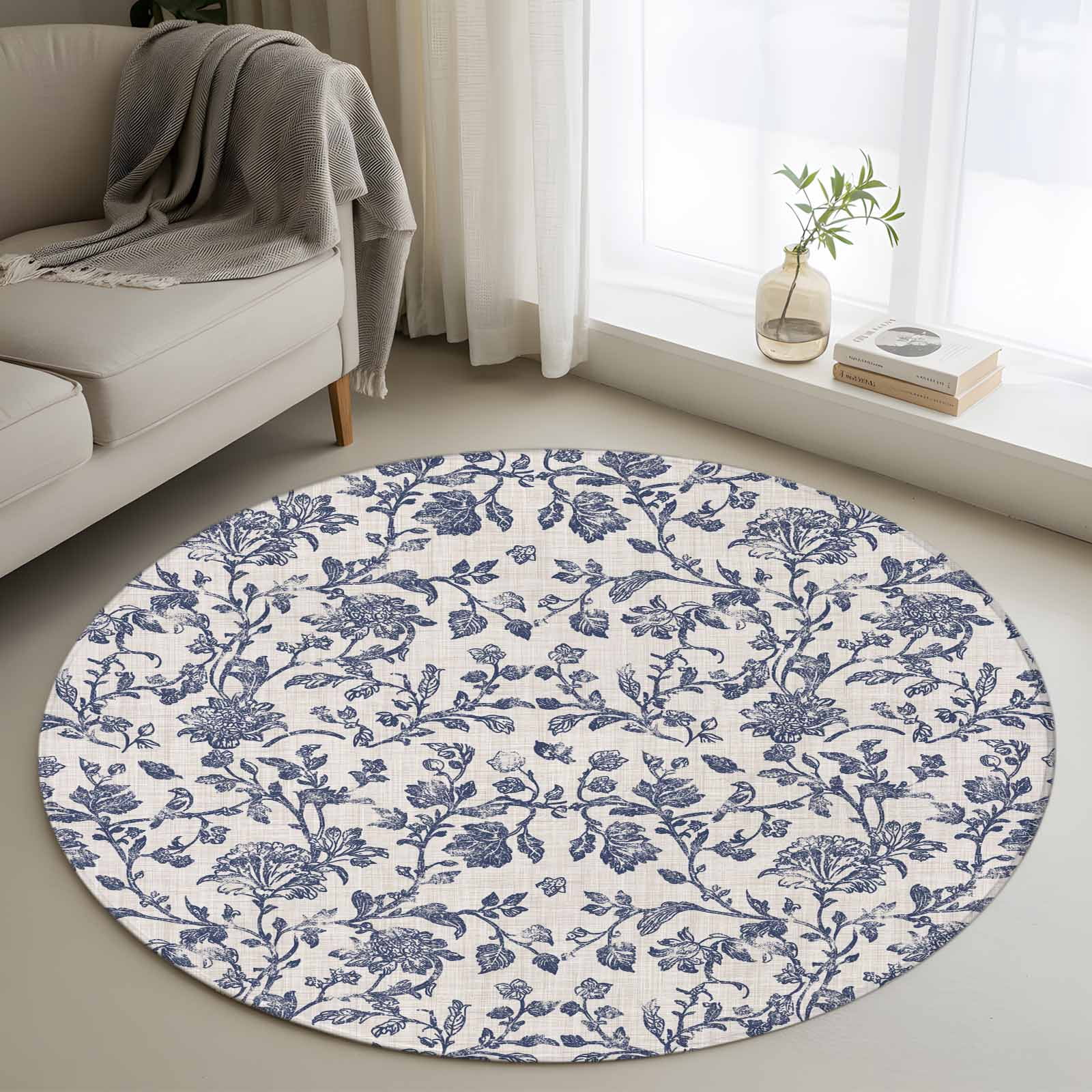 Blue Floral Leaf Round Area Rug 3 FT, Small Kitchen Bathroom Mats ...