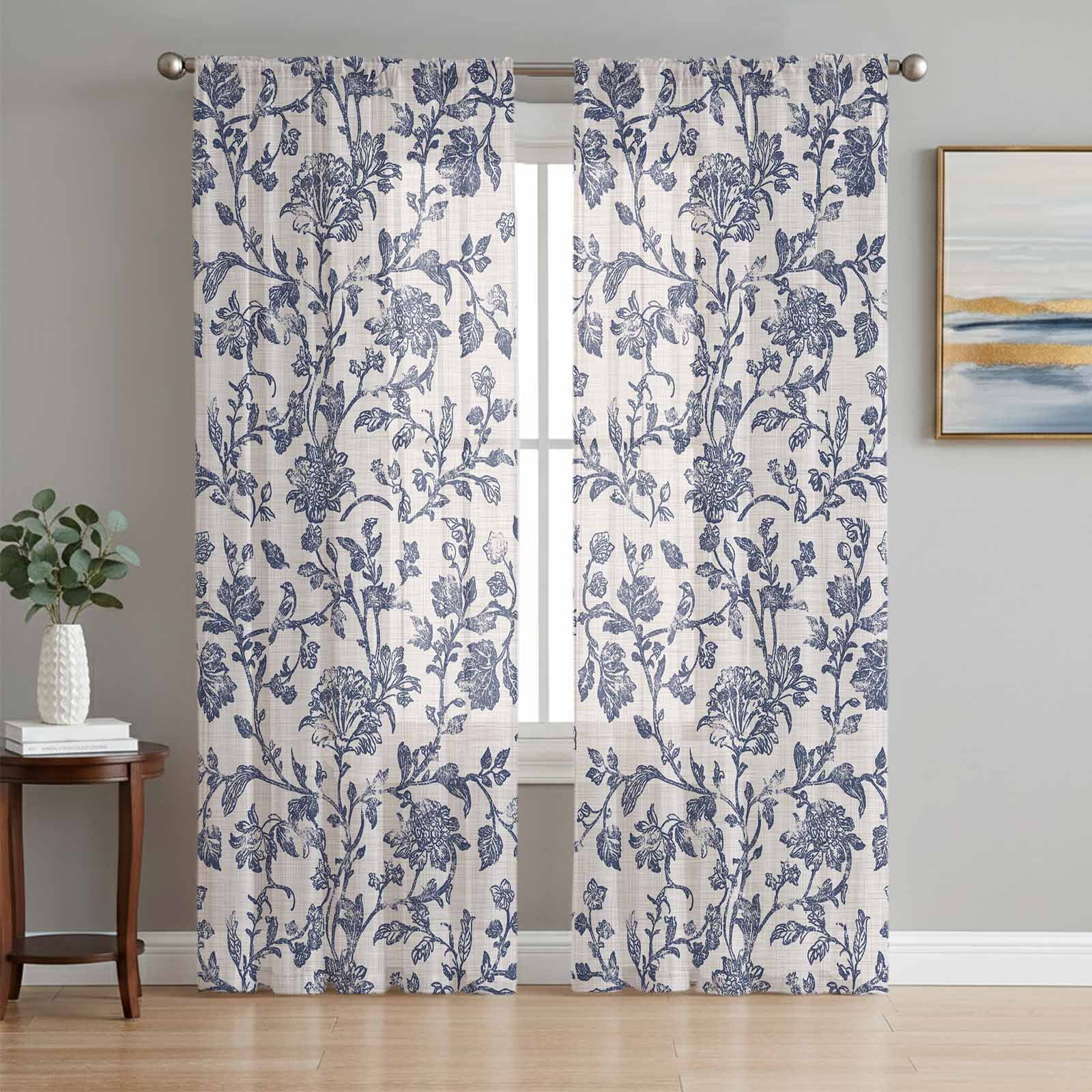 Blue Floral Leaf Semi Sheer Curtains 72 Inch Length 2 Panels Set, Retro ...