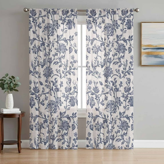 Blue Floral Leaf Semi Sheer Curtains 72 Inch Length 2 Panels Set, Retro ...
