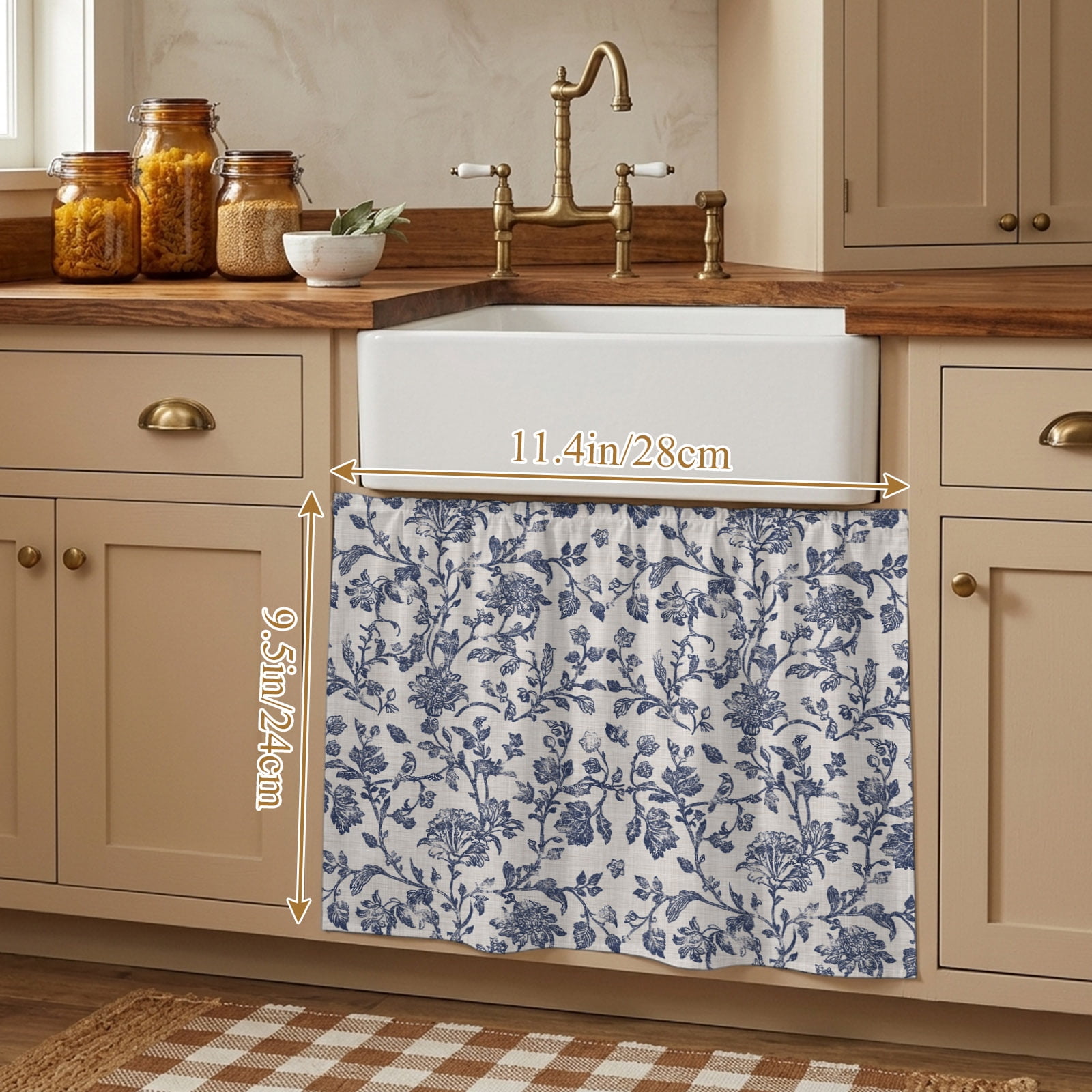 Blue Floral Leaf Small Cabinet Curtains 9.5"W x 11.4"L, Retro Farmhouse ...