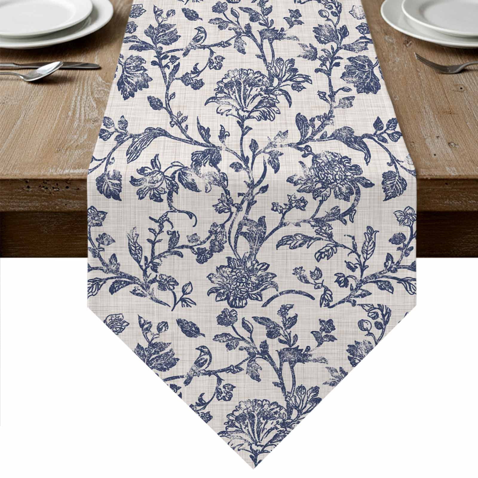 Blue Floral Leaf Table Runner Linen Burlap Table Runner 72 Inches Long ...