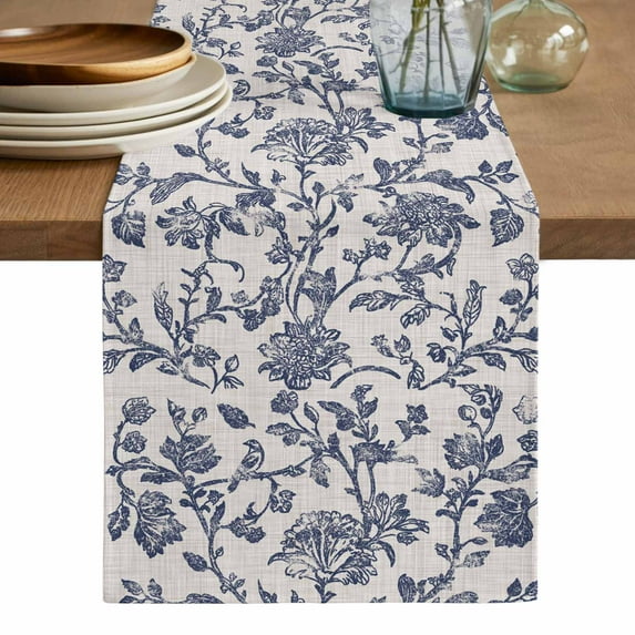 Blue Floral Leaf Table Runner, Retro Farmhouse Plant Tree Branch ...