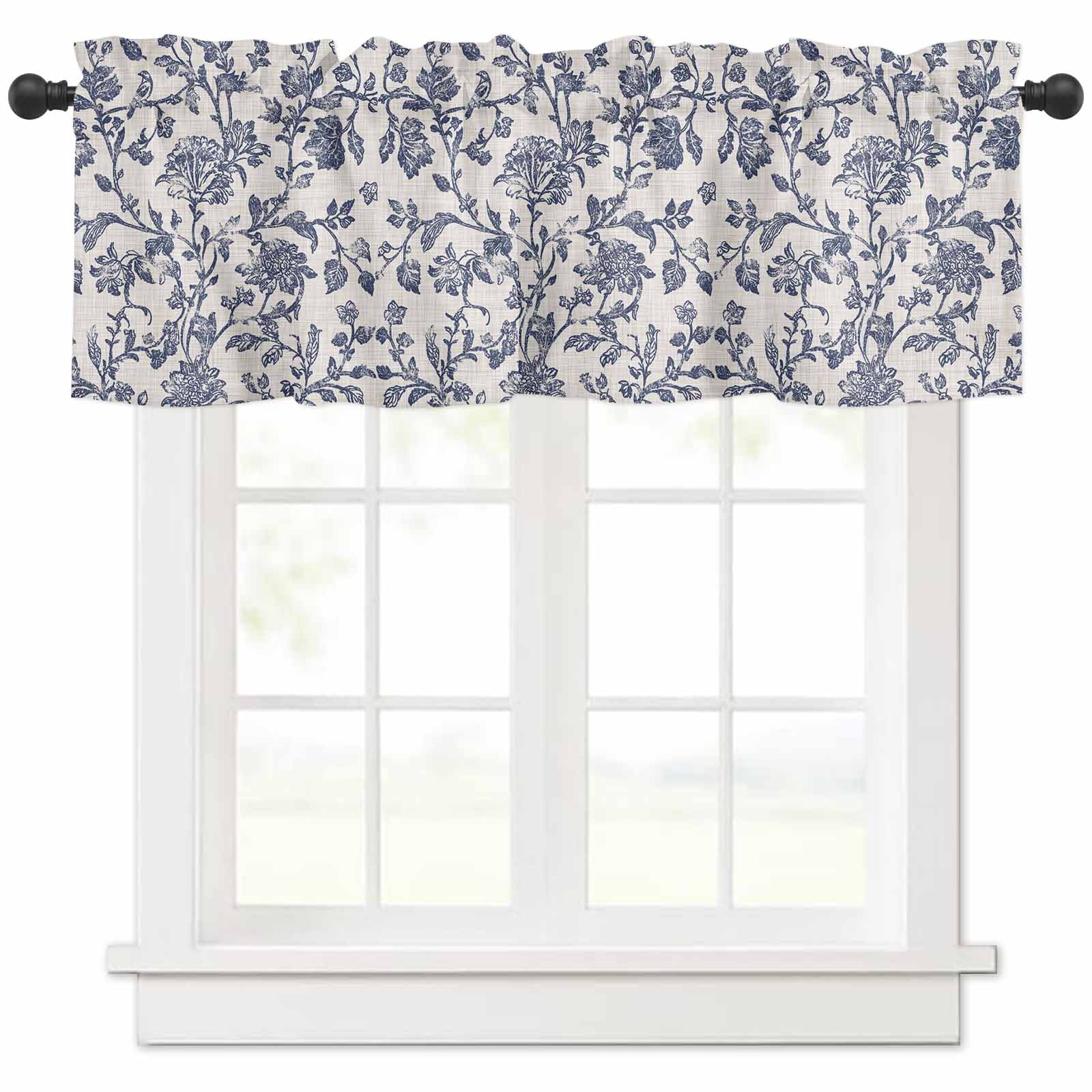Blue Floral Leaf Valances for Windows Farmhouse Kitchen Curtains ...