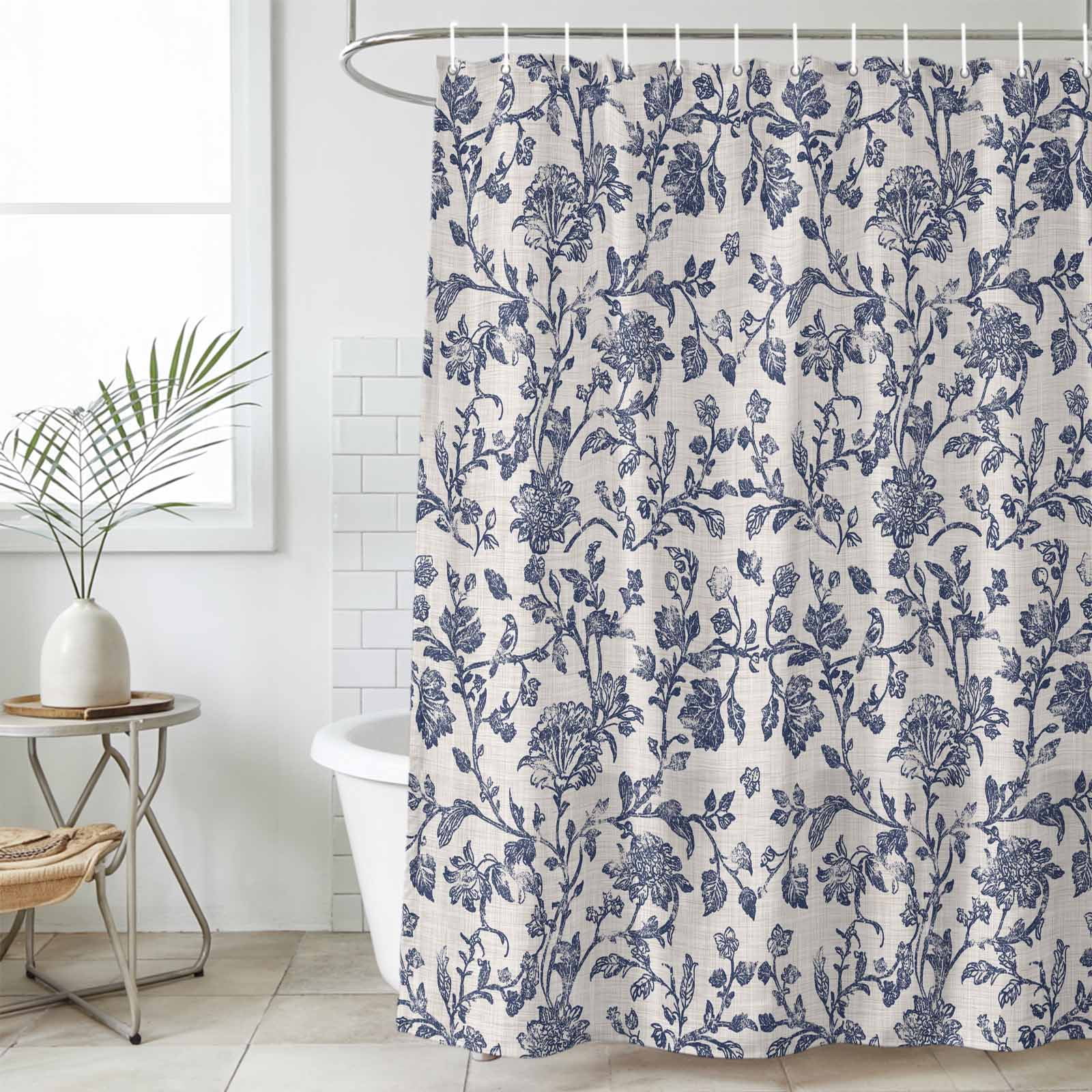 Blue Floral Leaf Waterproof Fabric Shower Curtain,Retro Farmhouse Plant ...
