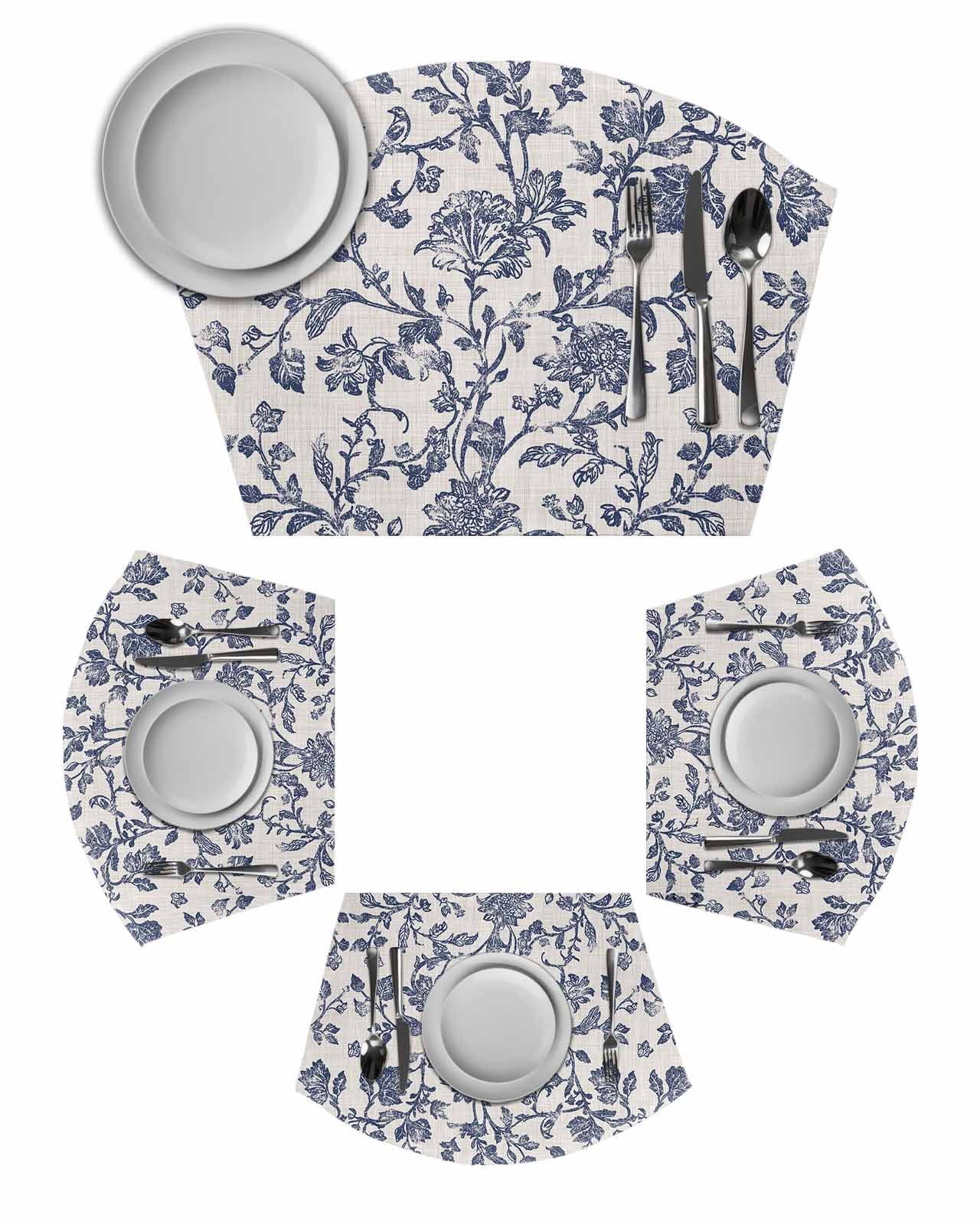 Blue Floral Leaf Wedge Shaped Placemats Set of 2, Cotton Linen Fan ...