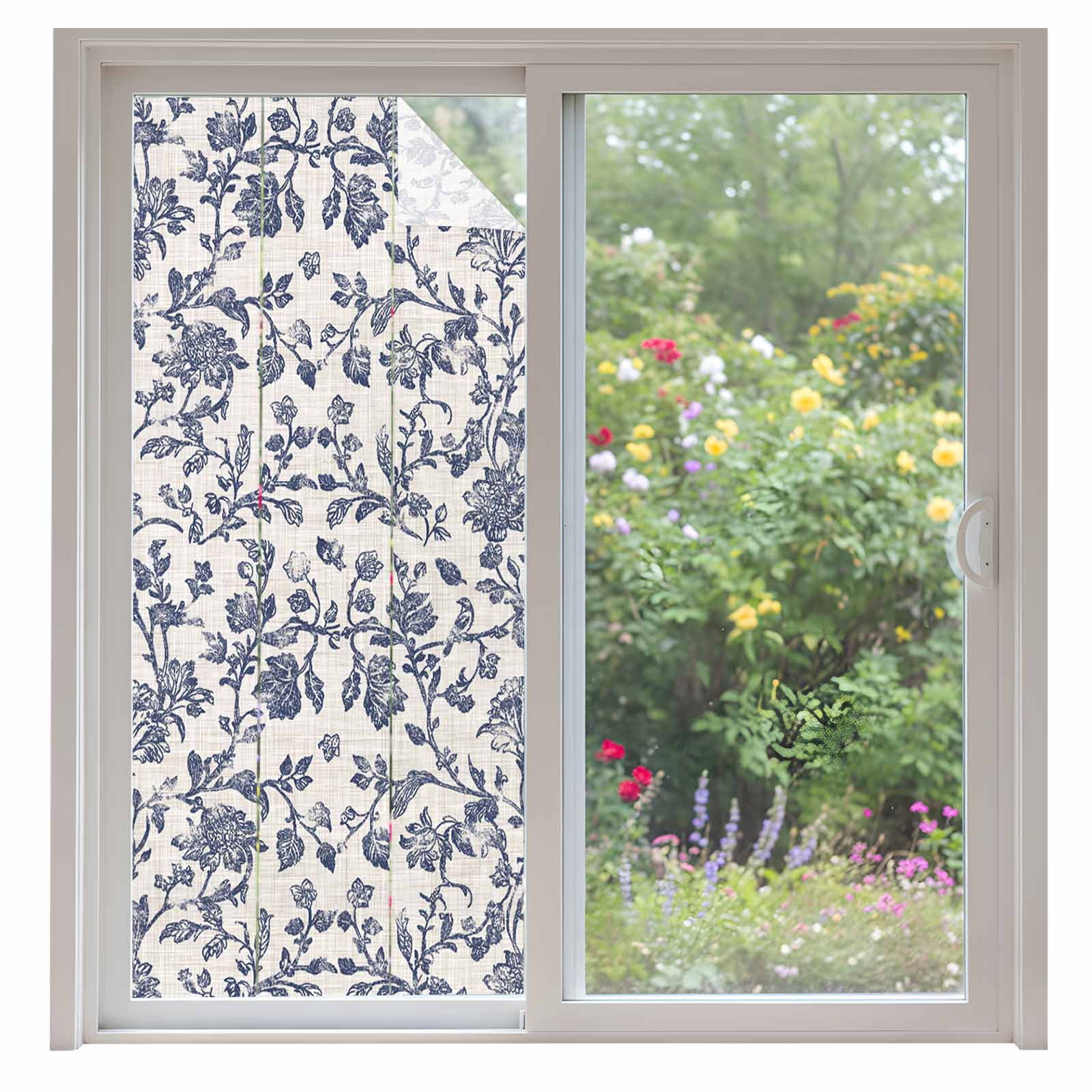 Blue Floral Leaf Window Privacy Film, Retro Farmhouse Plant Tree Branch ...