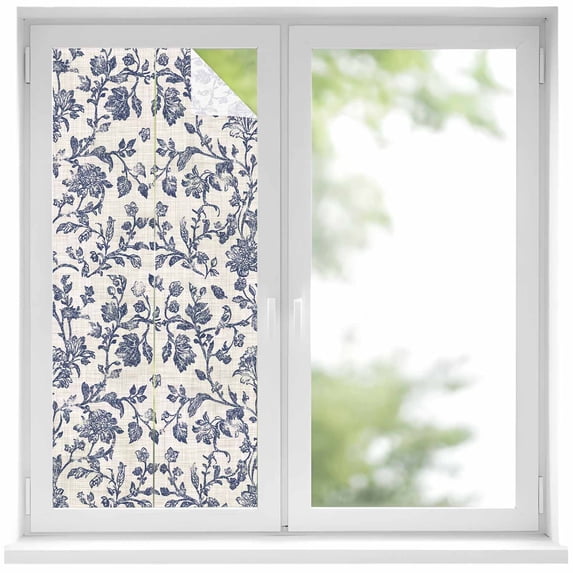 Blue Floral Leaf Window Privacy Film, Retro Farmhouse Plant Tree Branch ...