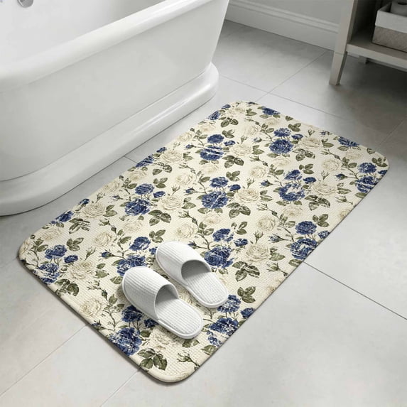 Blue Floral Leaves Bathroom Rugs Non Slip Washable Bath Mat Absorbent ...