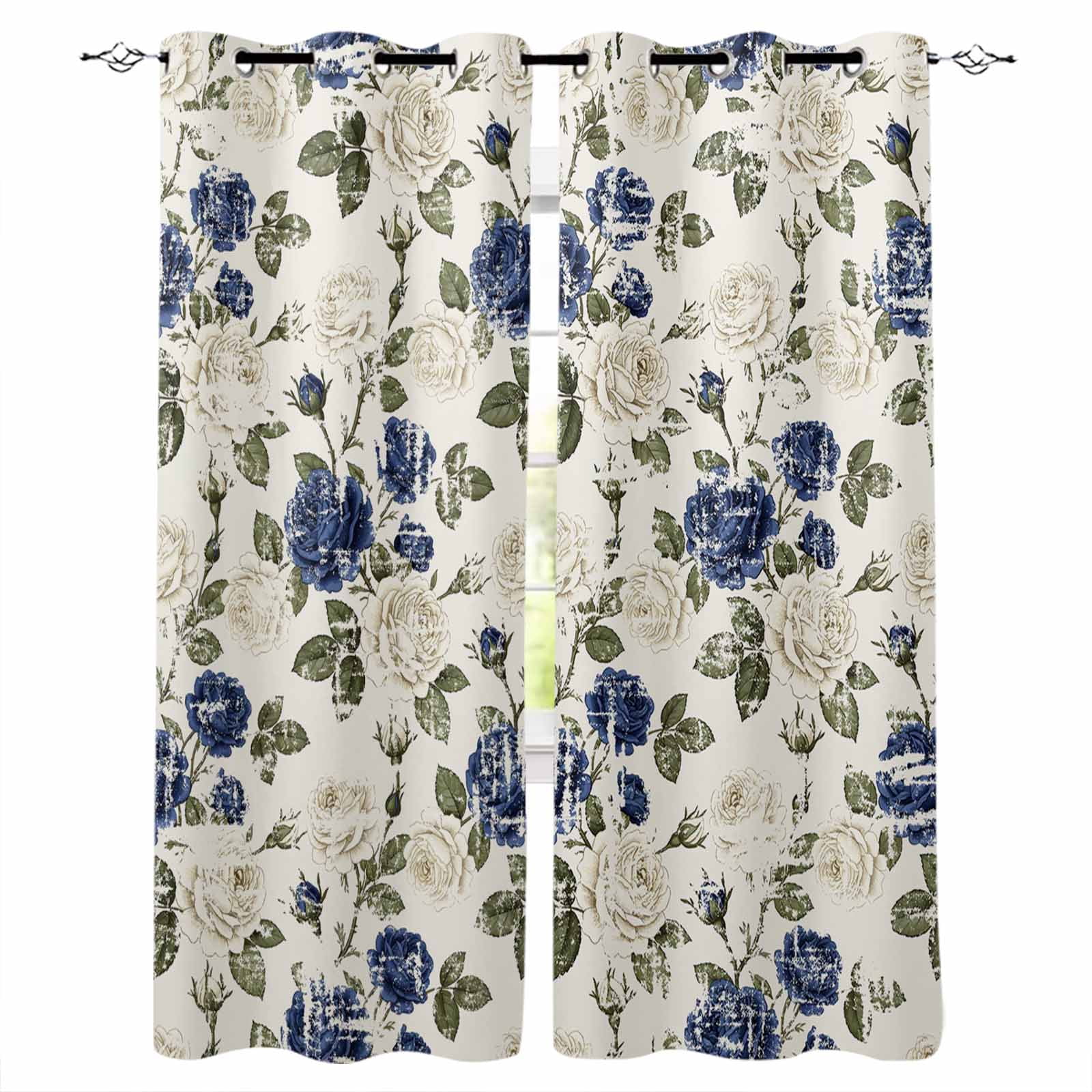 Blue Floral Leaves Blackout Curtains for Bedroom/Living Room, Thermal ...