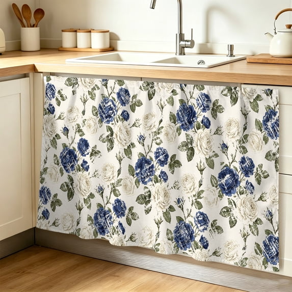 Blue Floral Leaves Cabinet Curtain 28"W x 51"L, Farmhouse Abstract Art ...