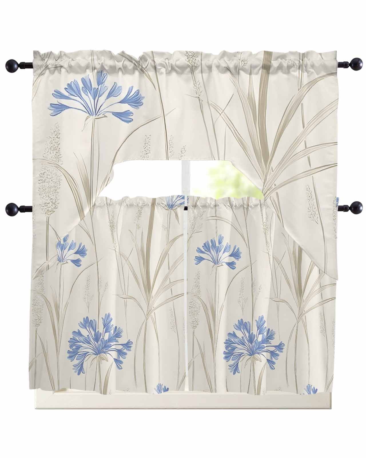Blue Floral Leaves Kitchen Curtains Sets 24 Inch Length with Valance ...