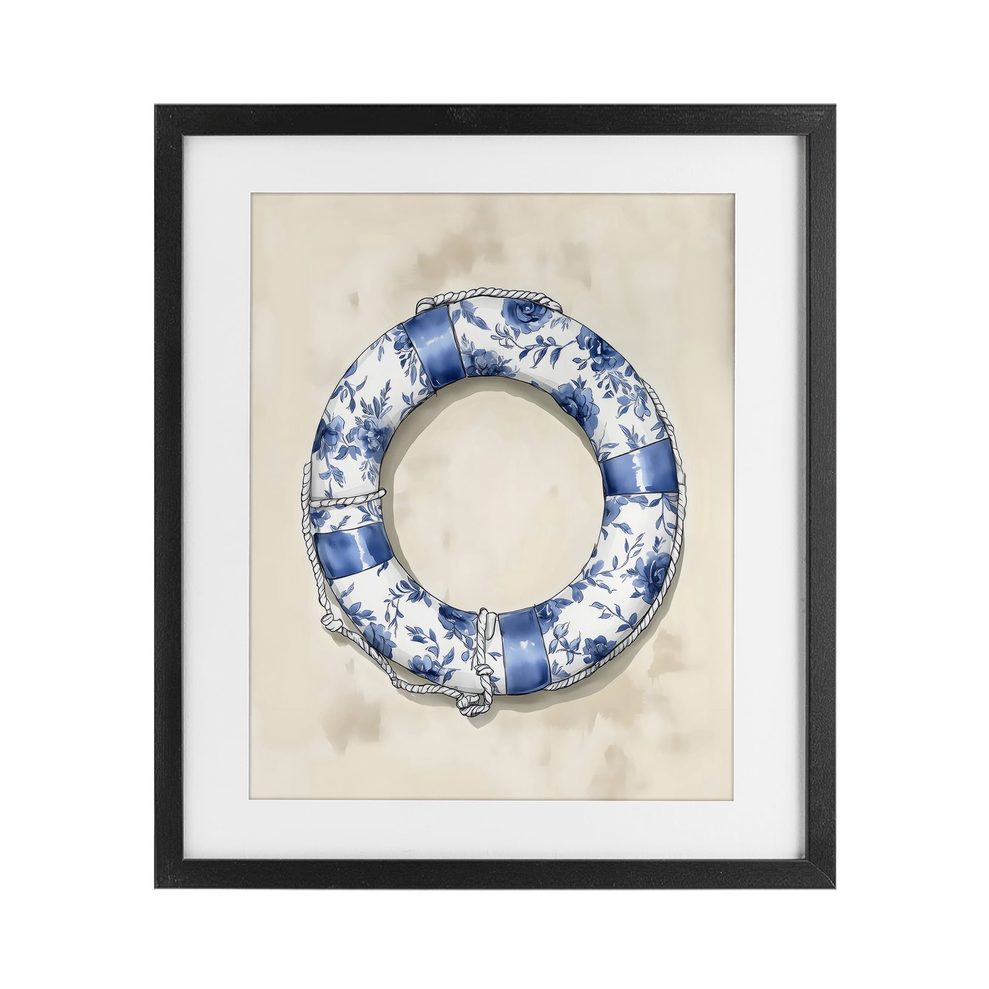 Stupell Industries Blue Floral Life Preserver Black Framed Print Under ...