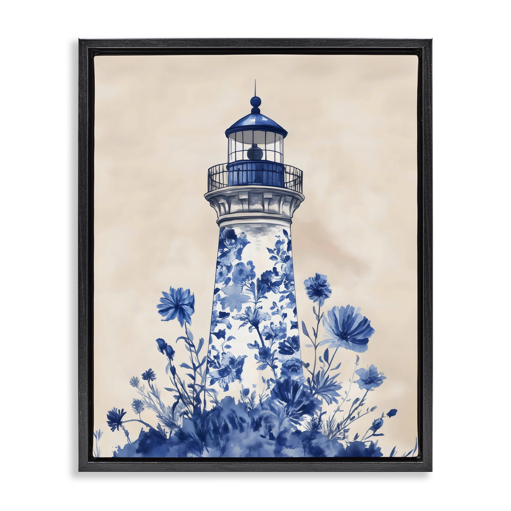 Stupell Industries Blue Floral Lighthouse Black Framed Floater Canvas ...