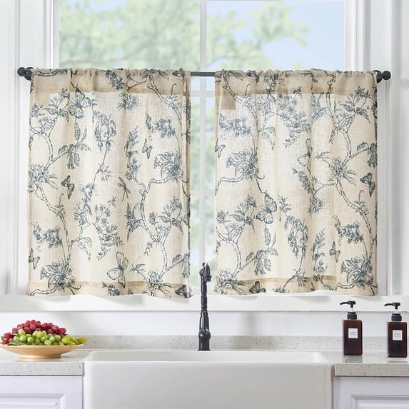 Blue Floral Linen Kitchen Curtains 24 Inch Length, Farmhouse Cafe ...