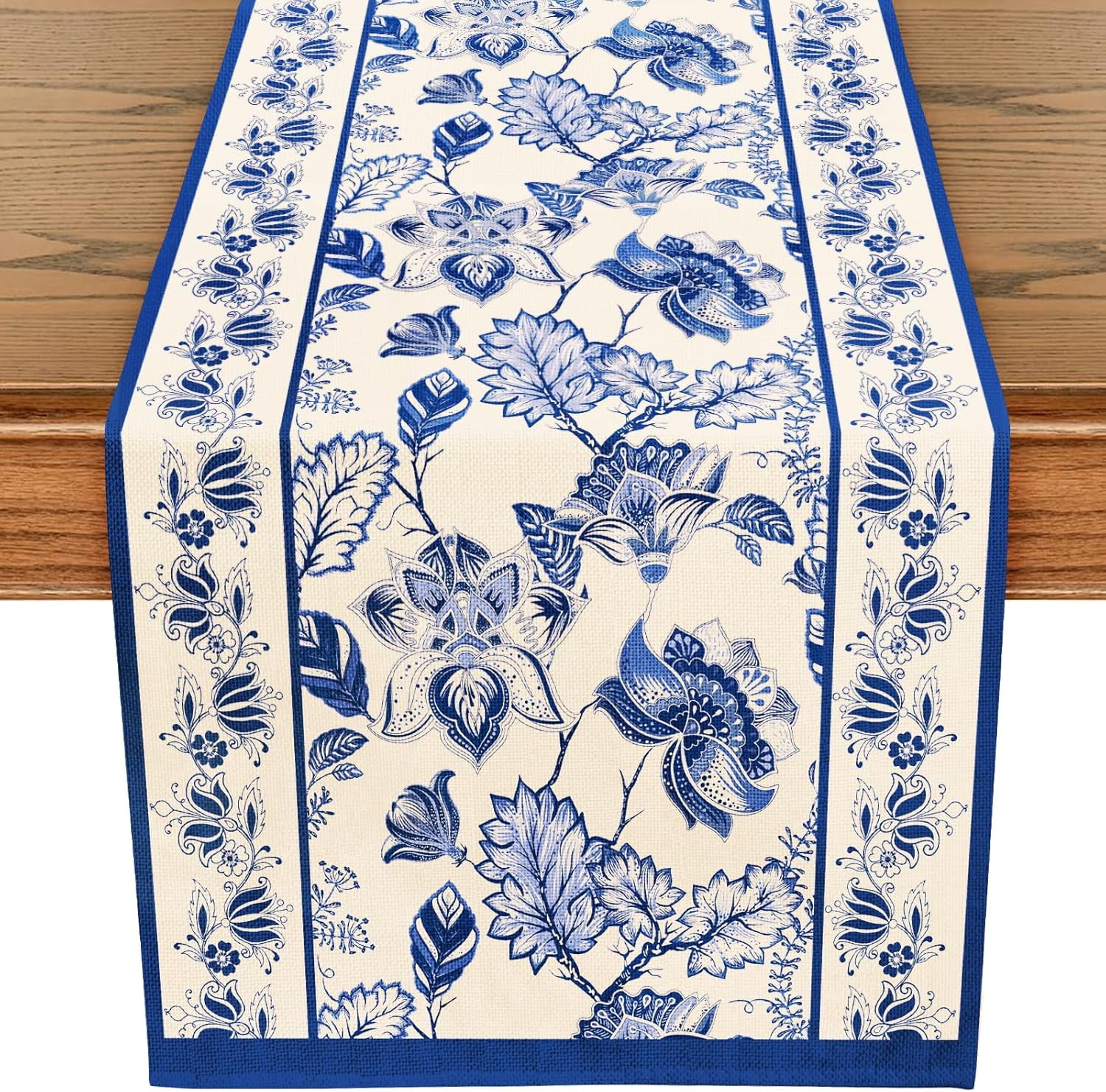 Blue Floral Linen Table Runners Wedding ration Washable Kitchen Home ...