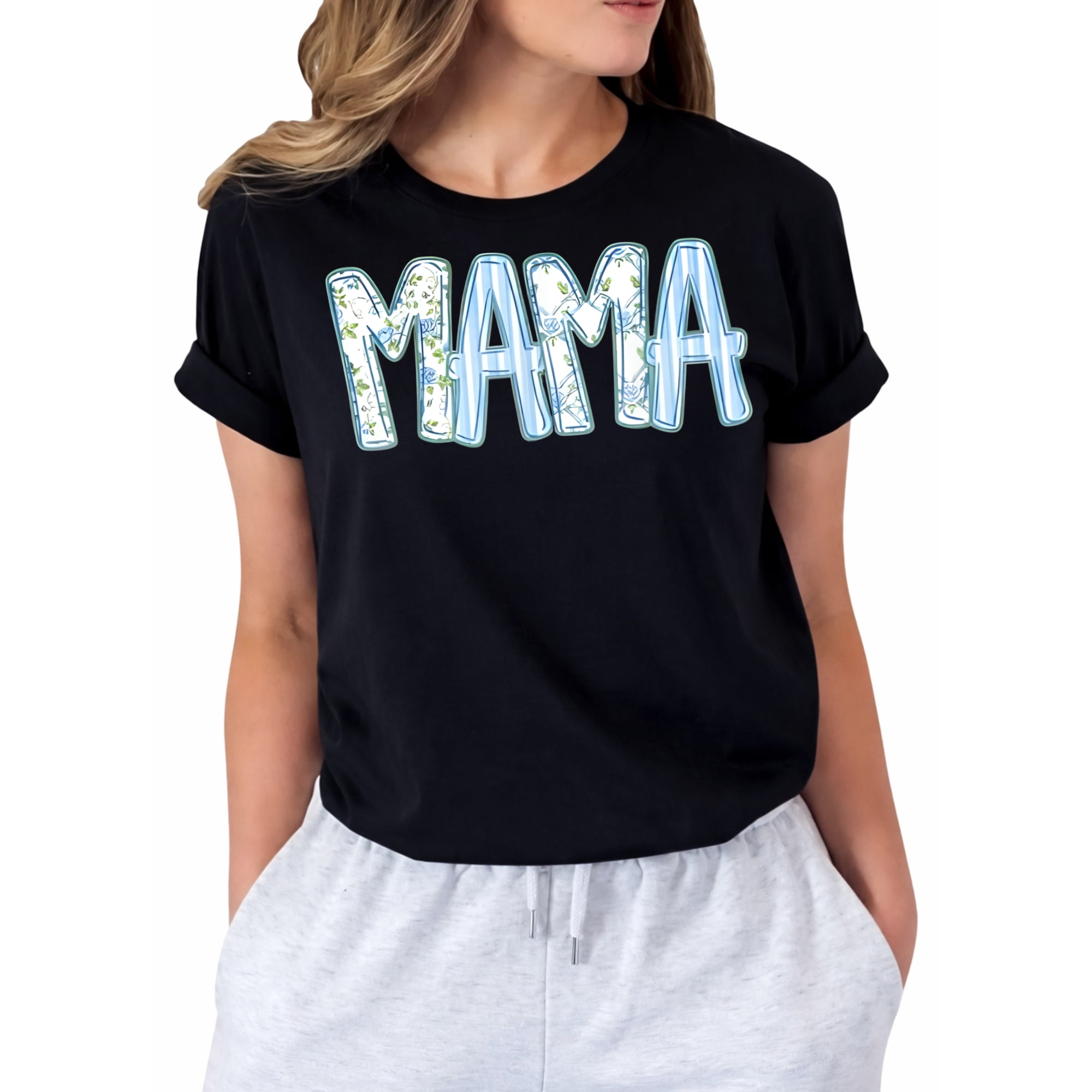 Blue Floral Mama Cute Mom Grandma Gift For Mothers Day T-Shirt ...