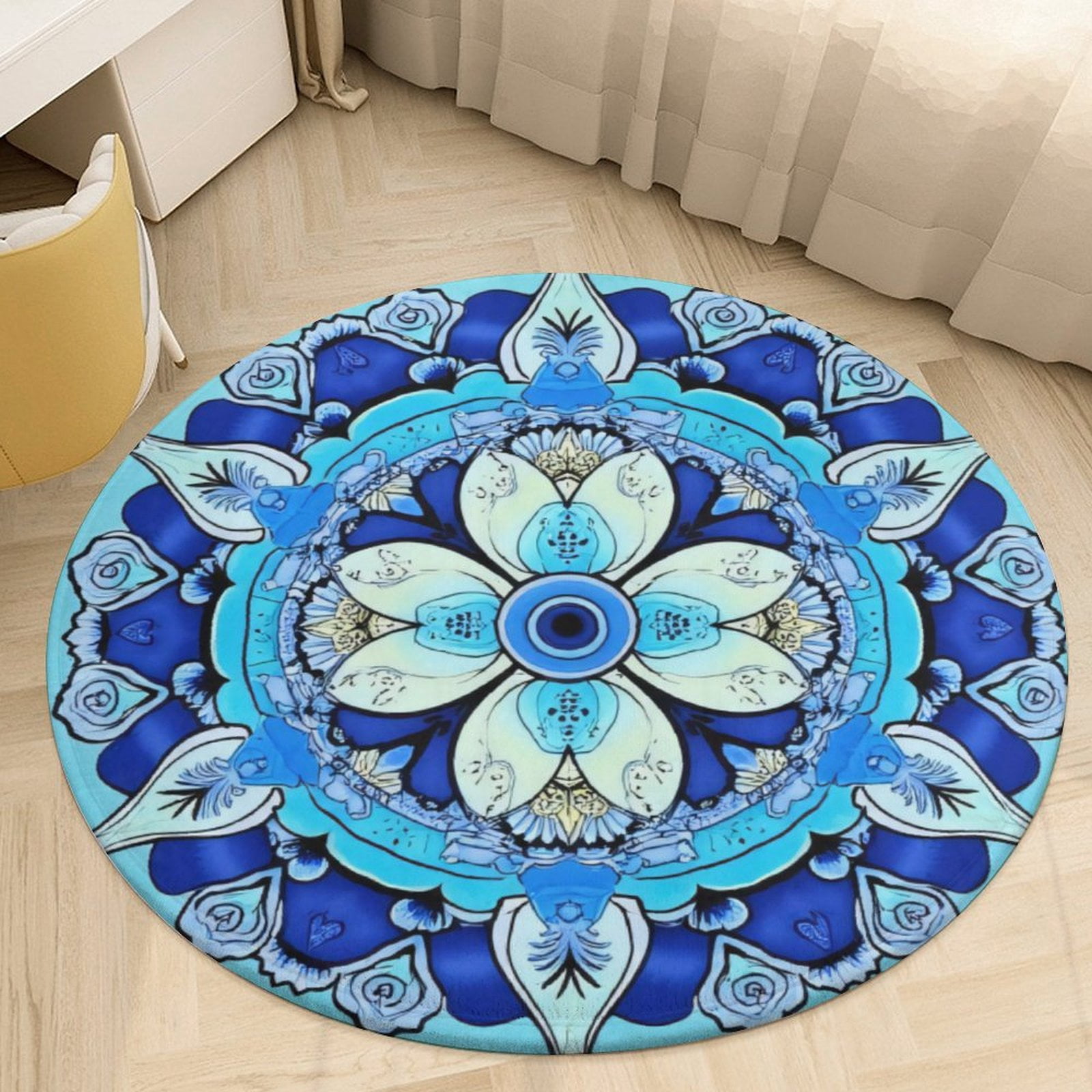 Blue Floral Mandala Art-1 Round Area Rugs for Bedroom Living Room, 4FT ...
