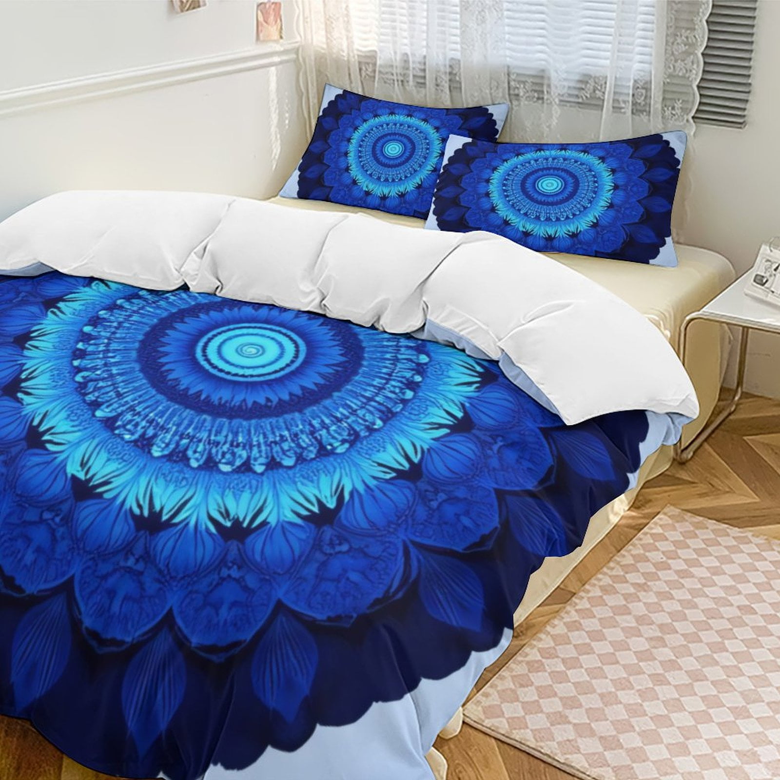 Blue Floral Mandala Art-2 Duvet Cover Set Themed Multicolor Polyester ...