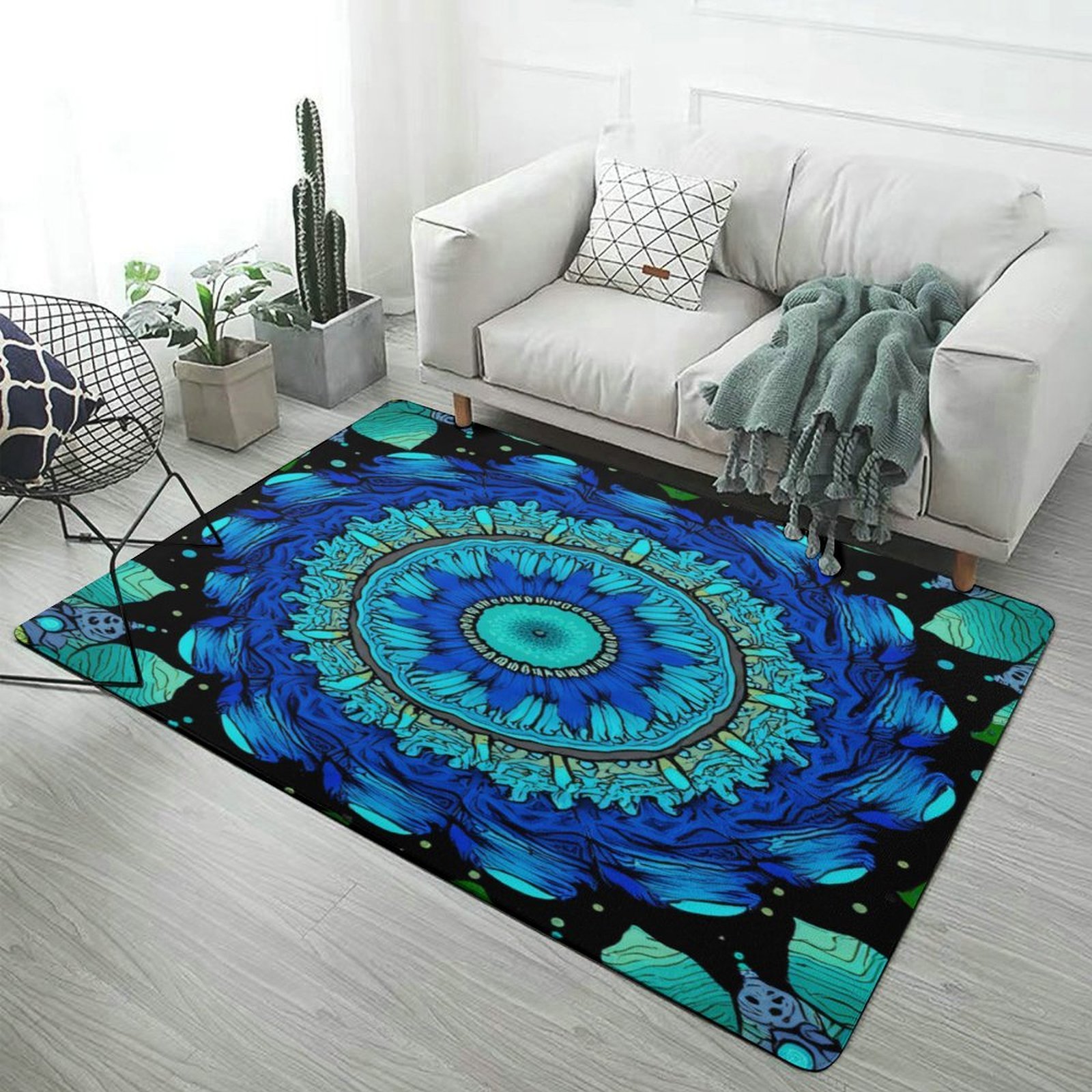 Blue Floral Mandala Art Area Rugs Soft Carpet Suitable for Living Room ...