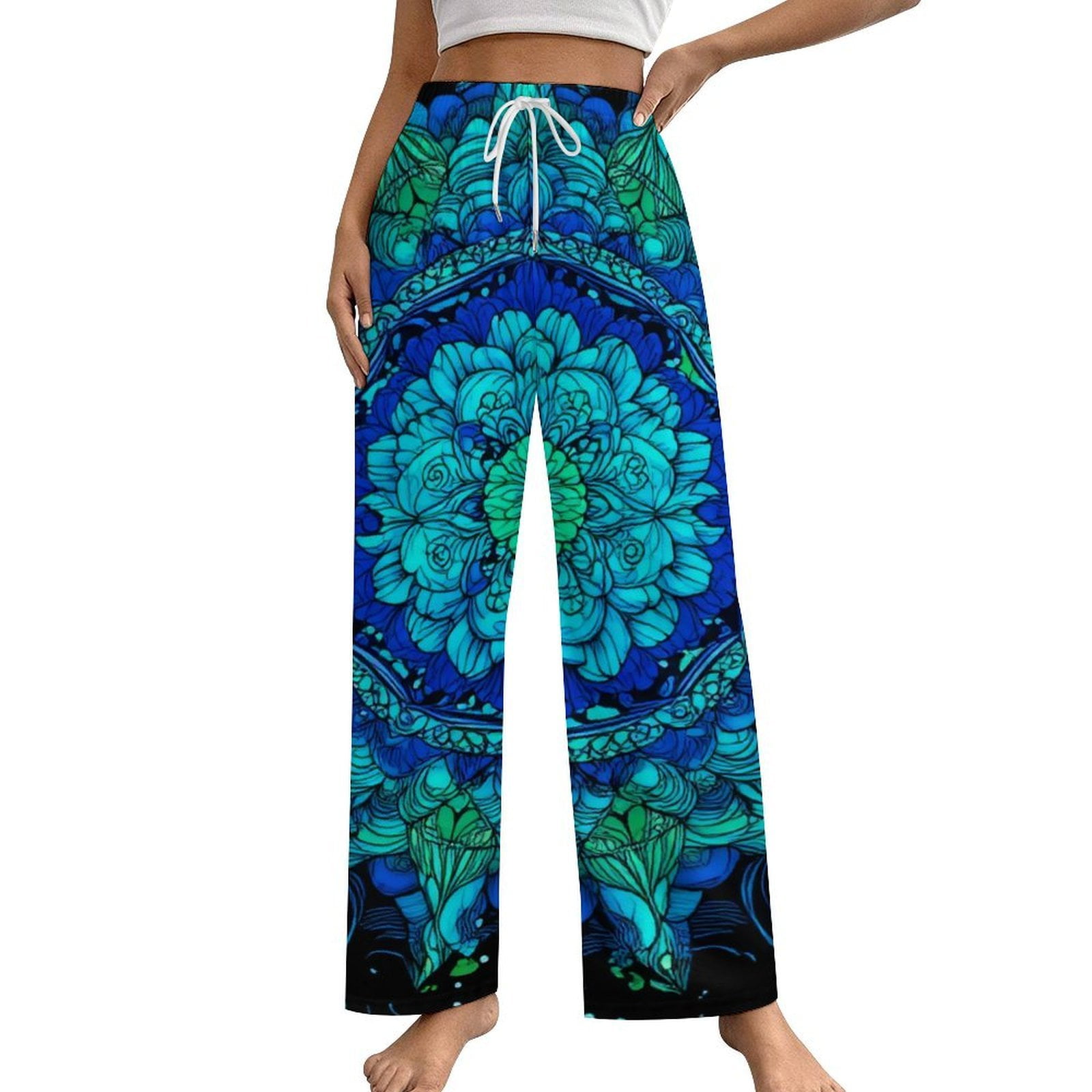 Blue Floral Mandala Art Pajama Pants Loose Pajamas Female Breathable ...