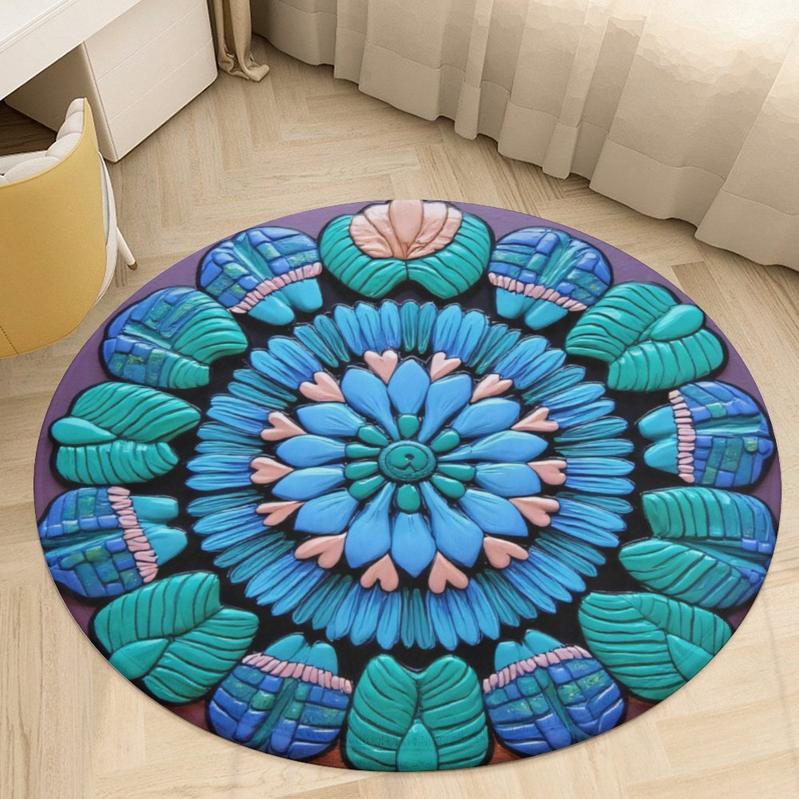 Blue Floral Mandala Art Round Area Rugs for Bedroom Living Room, 4FT Soft Comfy Indoor Circle ...