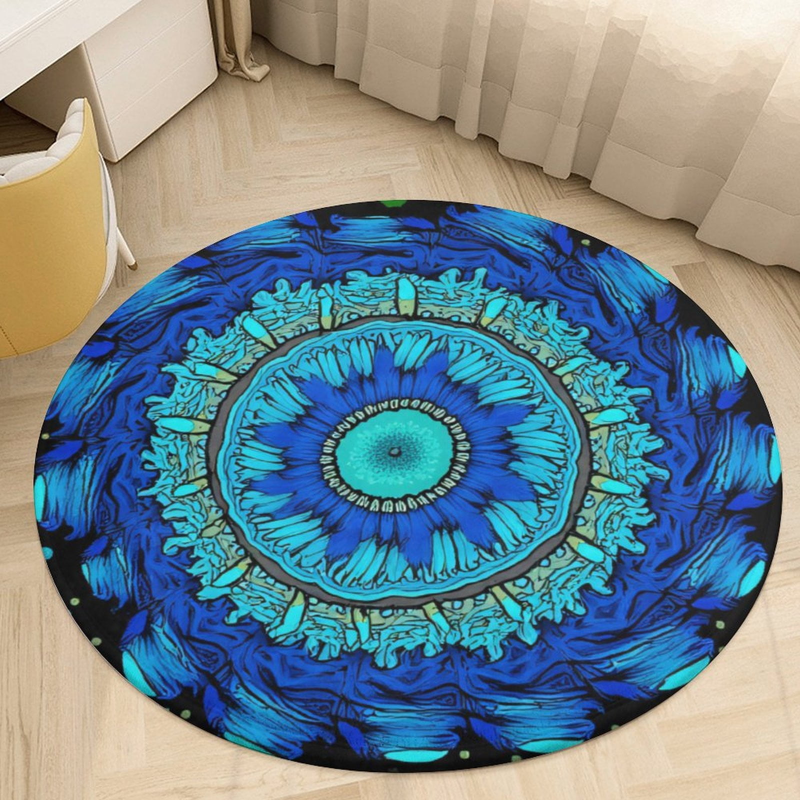Blue Floral Mandala Art Round Area Rugs for Bedroom Living Room, 4FT ...