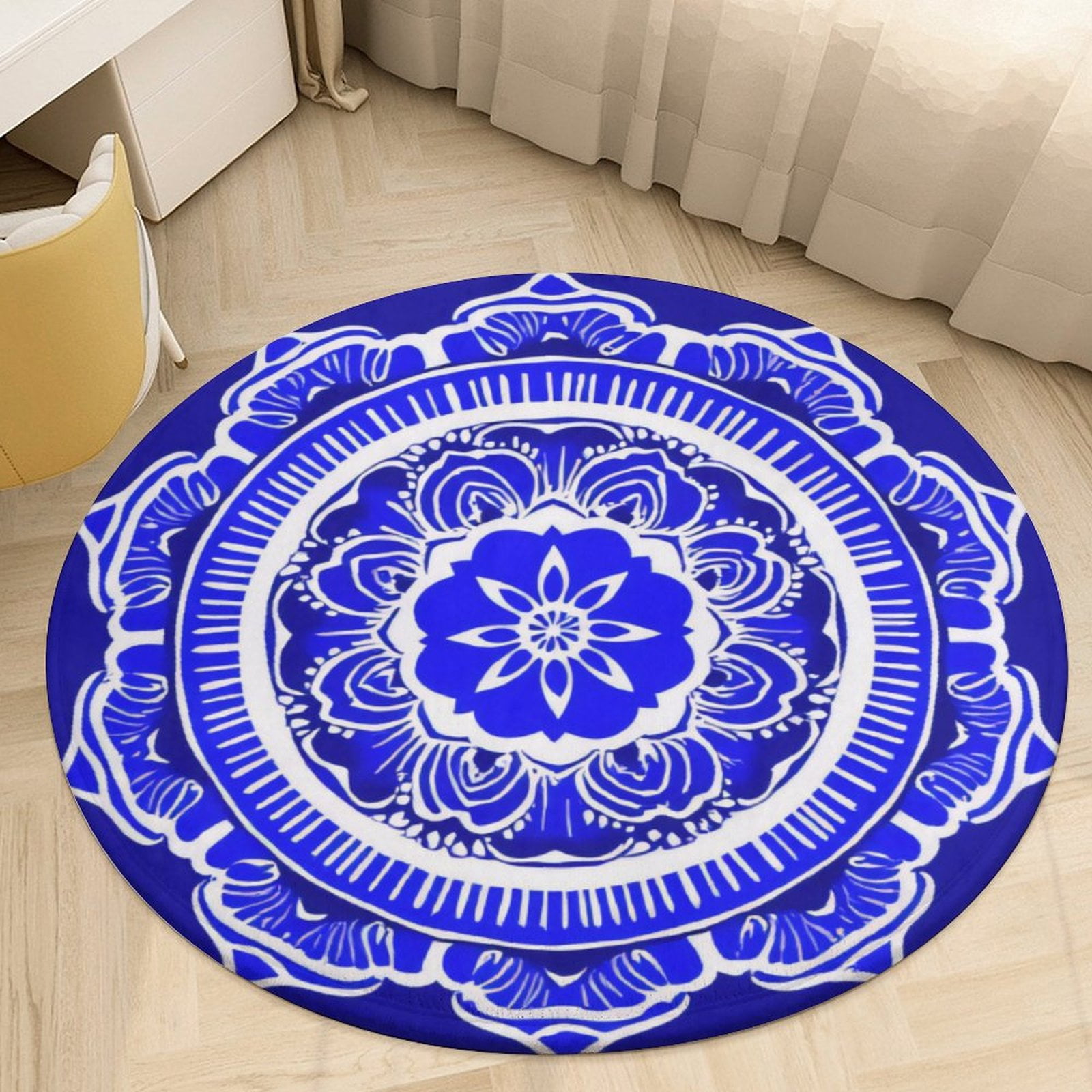 Blue Floral Mandala Art Round Area Rugs for Bedroom Living Room, 5FT ...