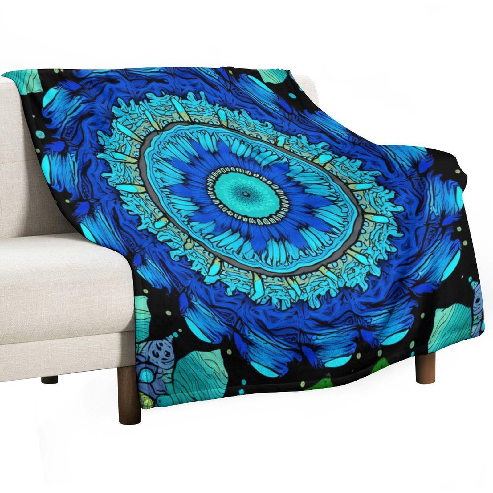 Blue Floral Mandala Art Throw Blanket Warm Microfiber Flannel Bedroom ...