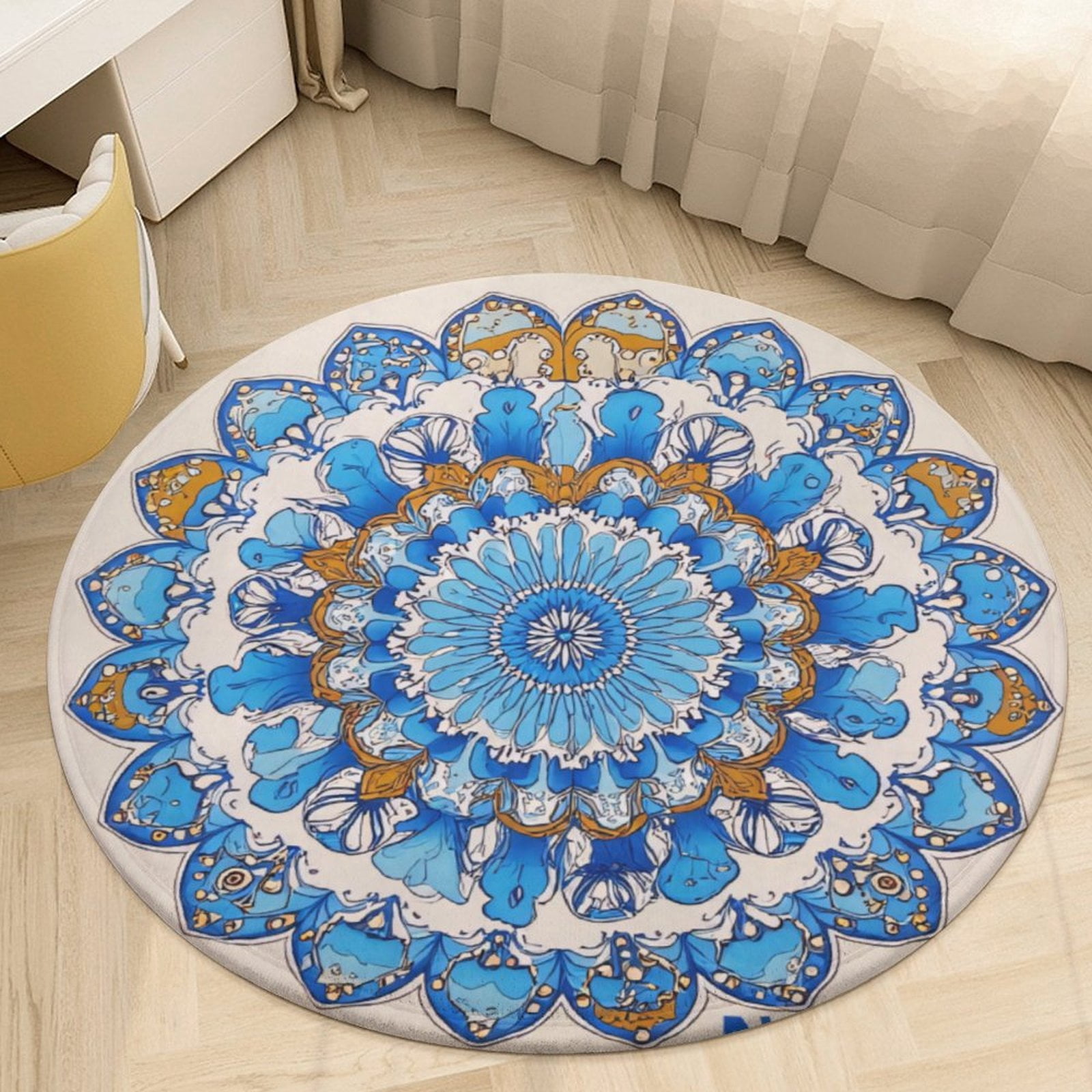Blue Floral Mandala Artwork Round Area Rugs for Bedroom Living Room ...