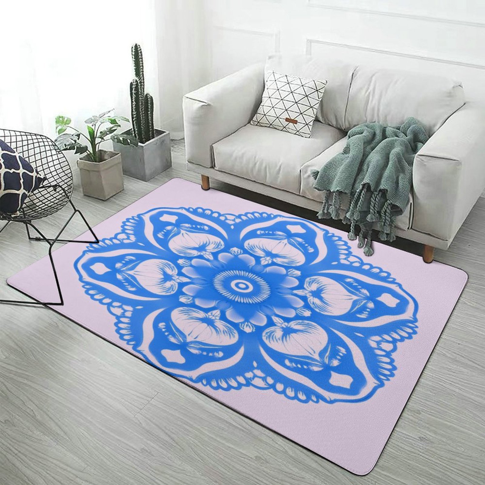 Blue Floral Mandala Design Area Rugs Carpet Suitable for Living Room ...