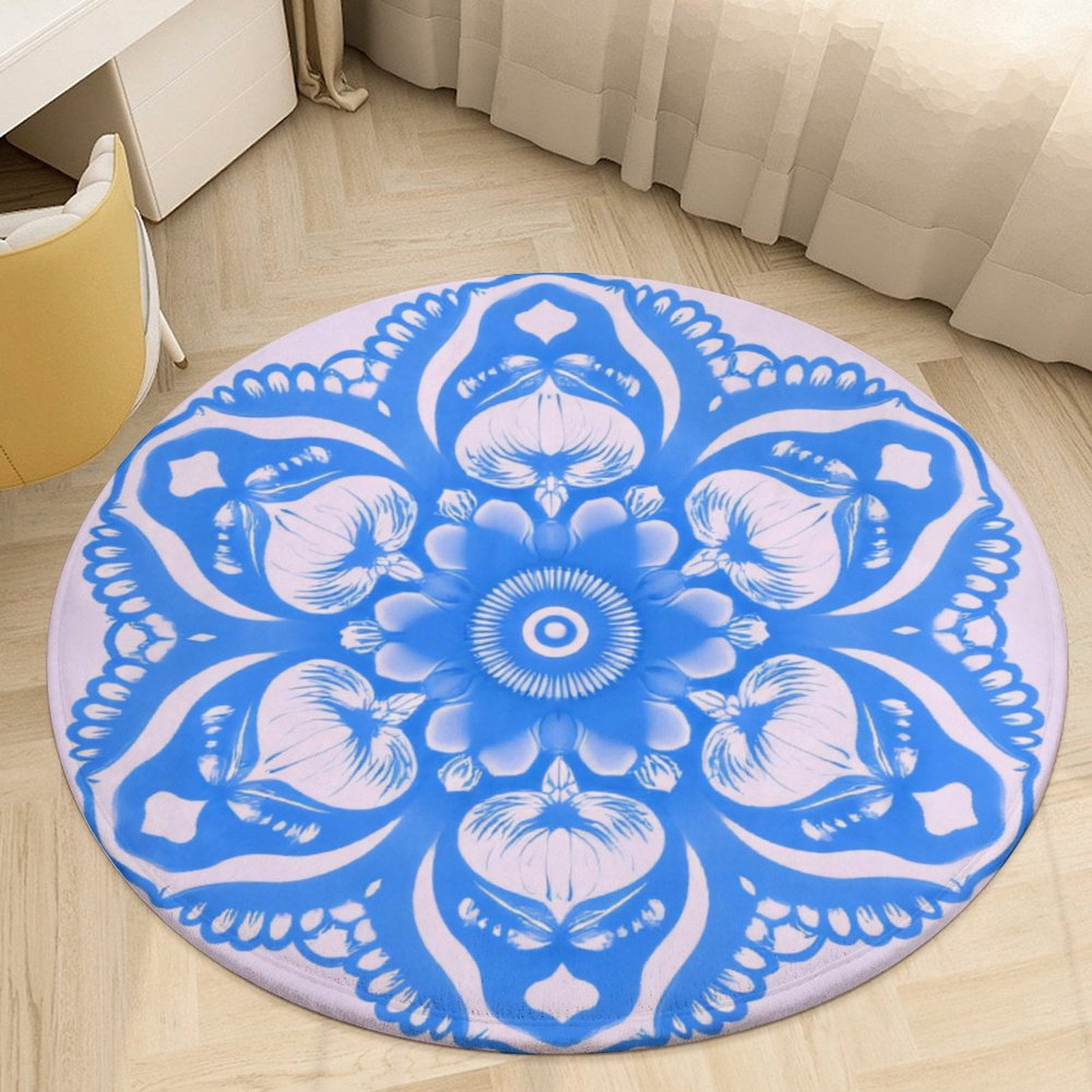 Blue Floral Mandala Design Round Area Rugs for Bedroom Living Room, 3FT Soft Indoor Circle ...