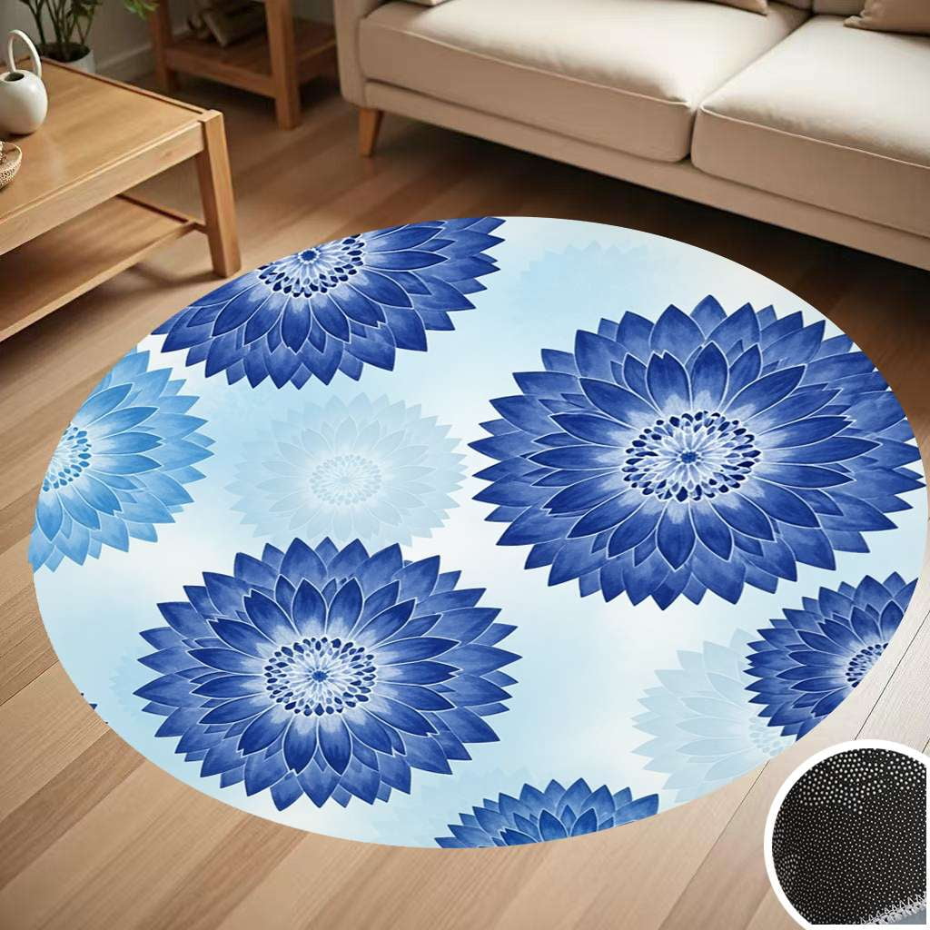 Blue Floral Mandala Pattern Round Carpet Living Room Bedroom Home ...