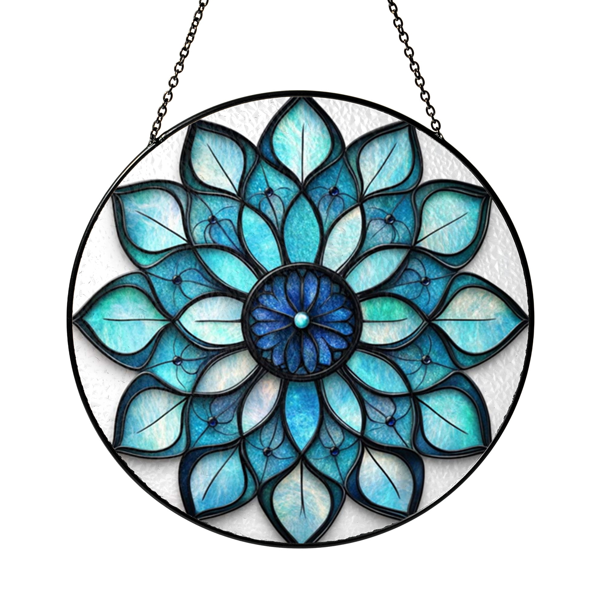 Blue Floral Mandala Stained Glass Window Hanging, Round Decorative ...