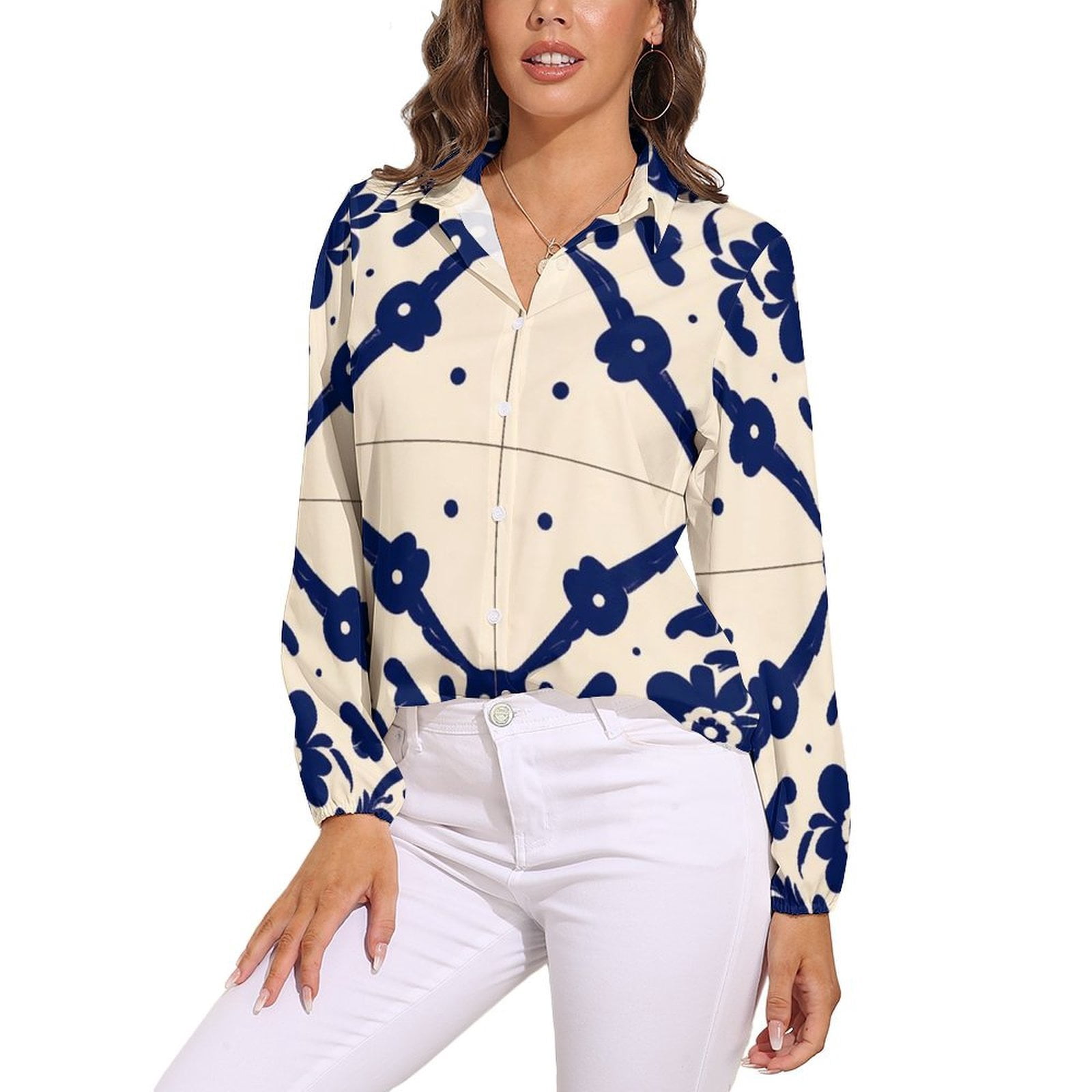 Blue Floral Mexican Tiles-1-1 Vntage Casual Long Sleeve Shirt Blouse ...