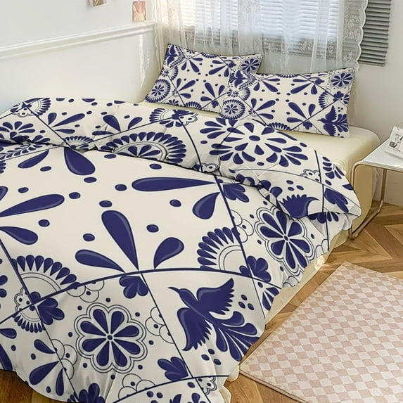 Blue Floral Mexican Tiles 86"x70" 3 Pcs Soft Bedding Set, Includes ...
