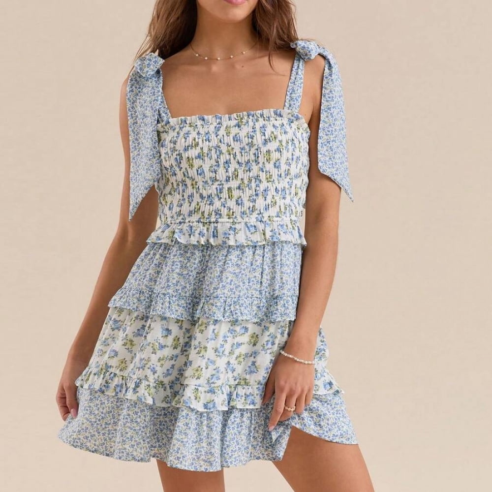 Blue Floral Mini Dress With Ruffled Tiered Skirt Sleeveless Square Neck ...
