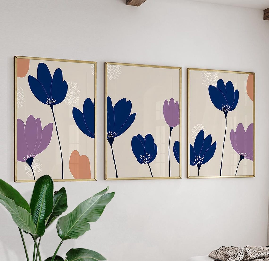 Blue Floral Modern Botanical Triptych Set 3 Unframed Paper Print 16x24 ...
