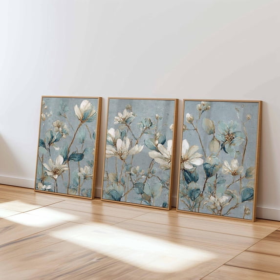 Blue Floral Modern Botanical Wall Art Version Two Set 3 Unframed Paper ...