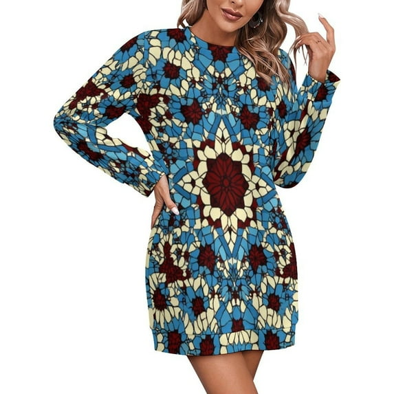 Blue Floral Mosaic Design Women Elegant Long Sleeve Warm Dress Autumn ...