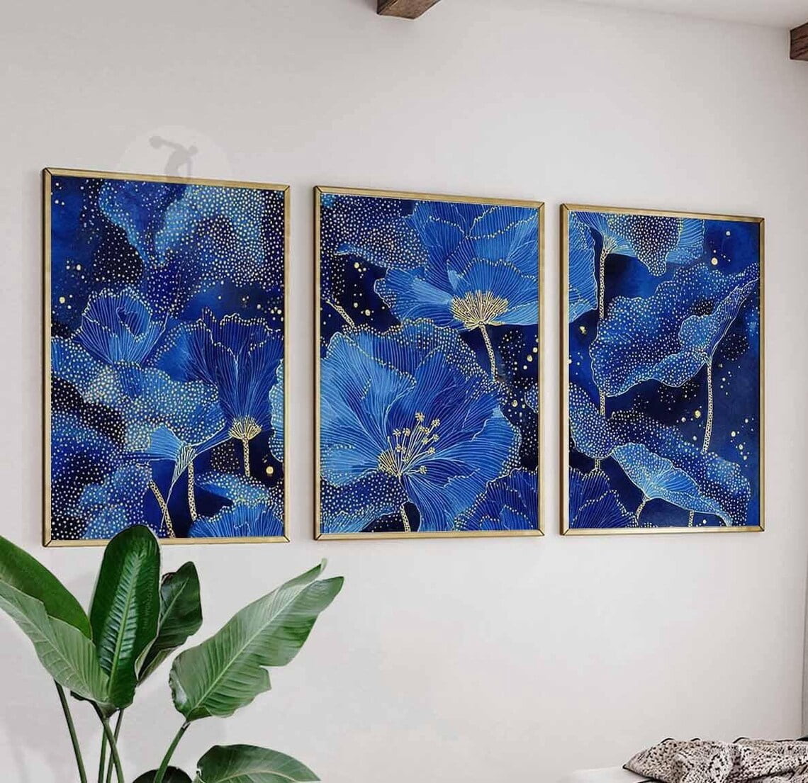 Blue Floral Navy Gold Botanical Decor Set 3 Stretched Canvas 16x24 ...