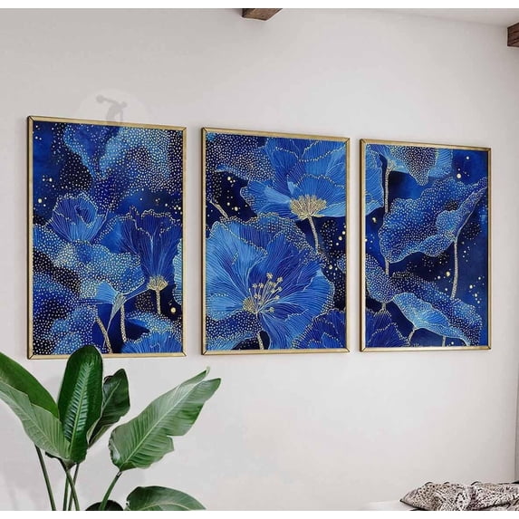 Blue Floral Navy Gold Botanical Decor Set 3 Stretched Canvas 16x24 ...