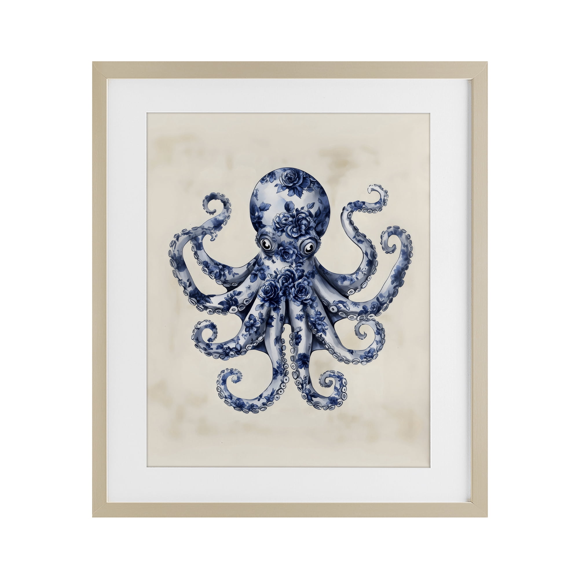 Stupell Industries Blue Floral Octopus Birch Framed Print Under Glass ...