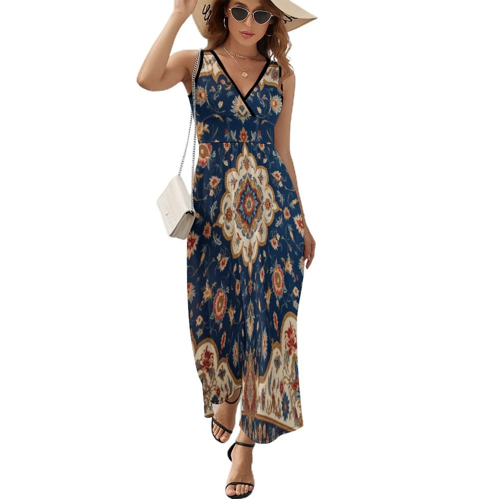 Blue Floral Oriental Rug Dress Fashion Boho Beach Long Dresses Female ...