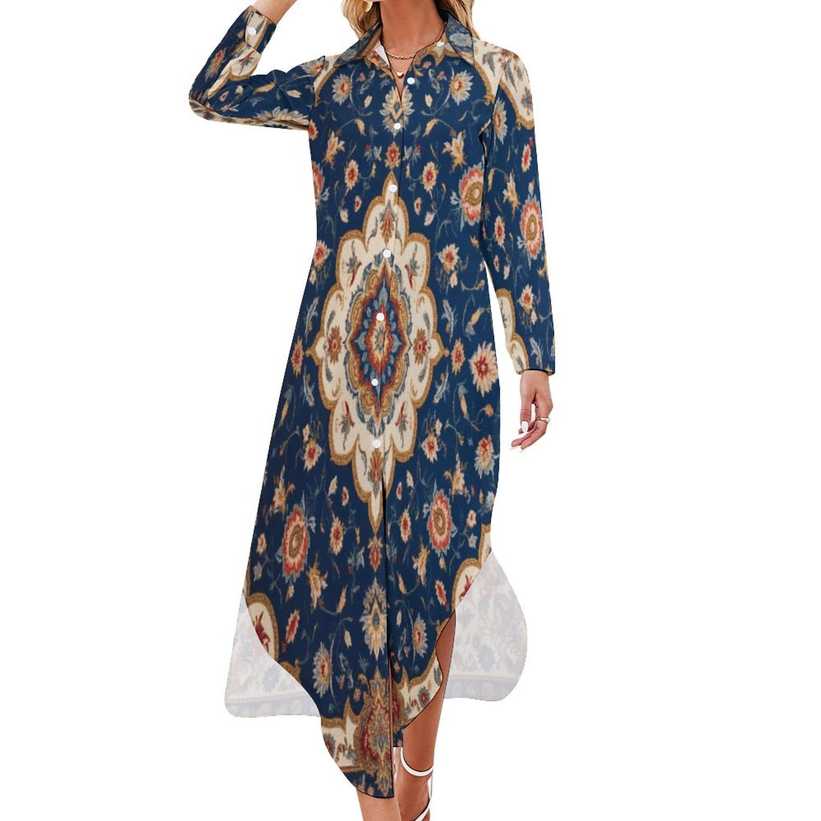 Blue Floral Oriental Rug Shirt Dress Long Sleeve Street Fashion V Neck ...