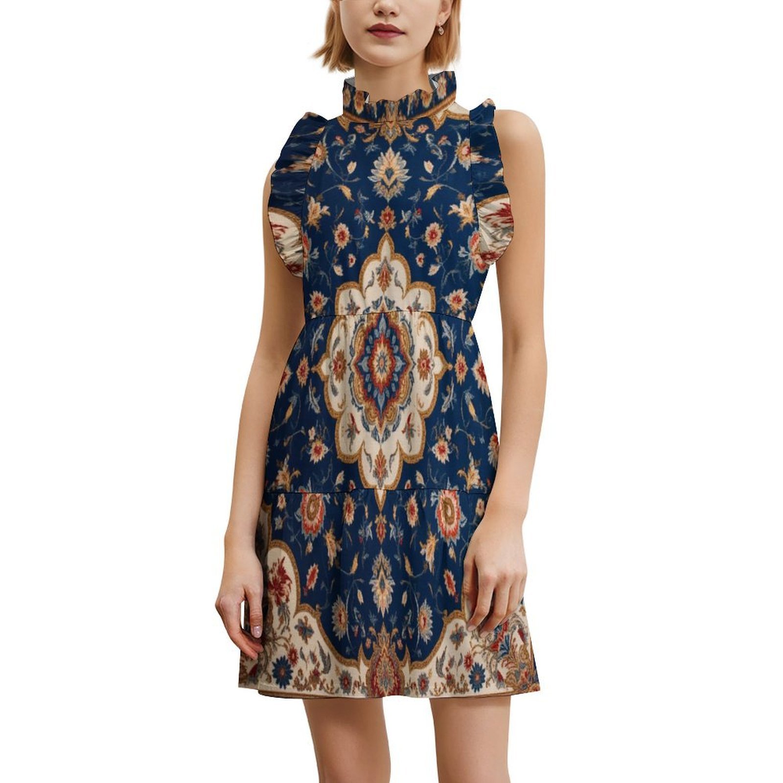 Blue Floral Oriental Rug Women's Fashion Casual Dress Summer Stand Up ...