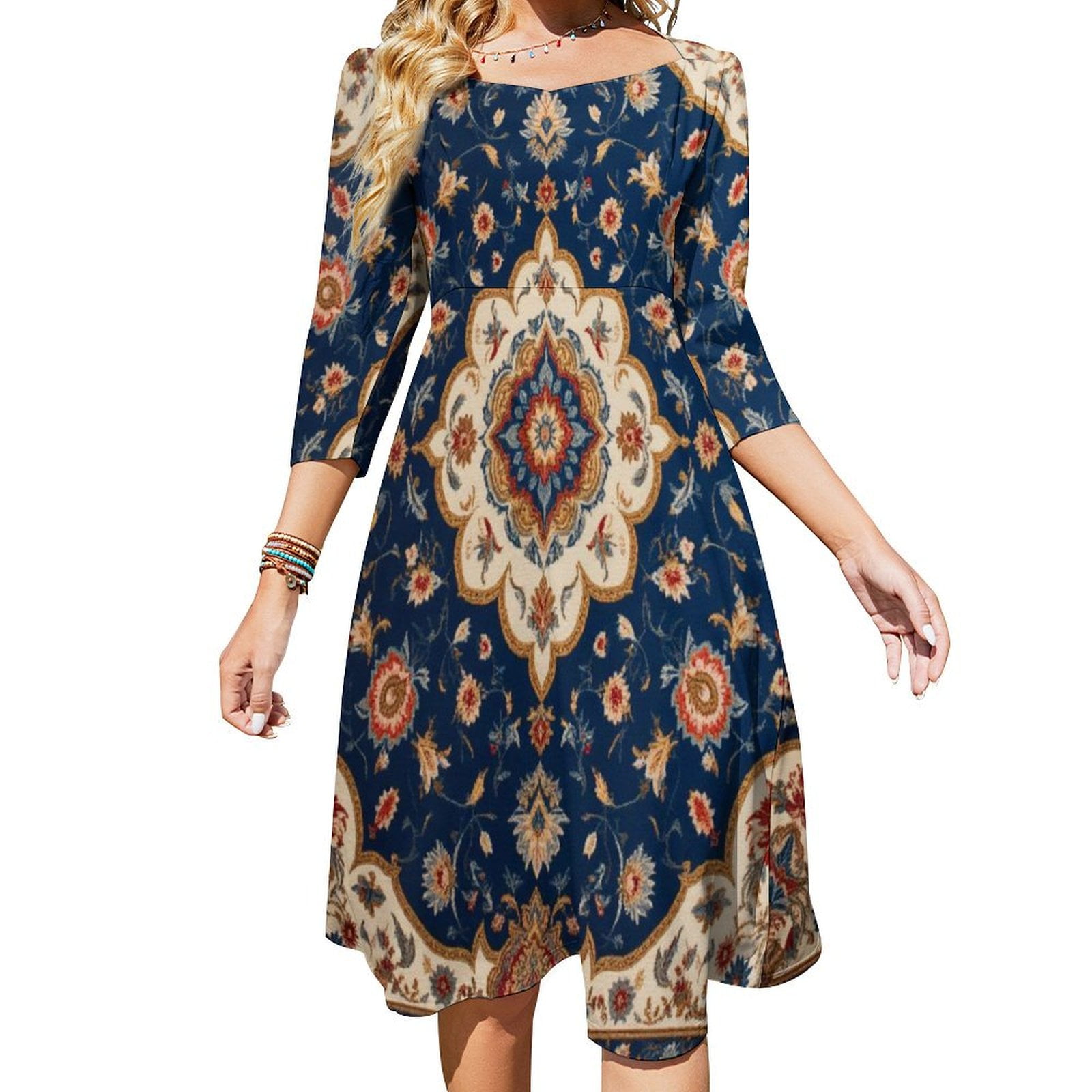 Blue Floral Oriental Rug Womens Summer Dress Tie Back A Line Flare ...