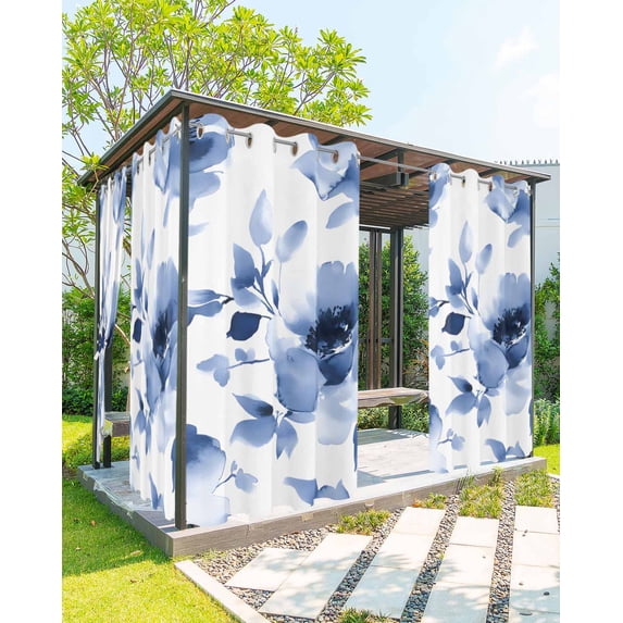 Blue Floral Outdoor Curtains for Patio, Pastoral Watercolor Spring Blue ...