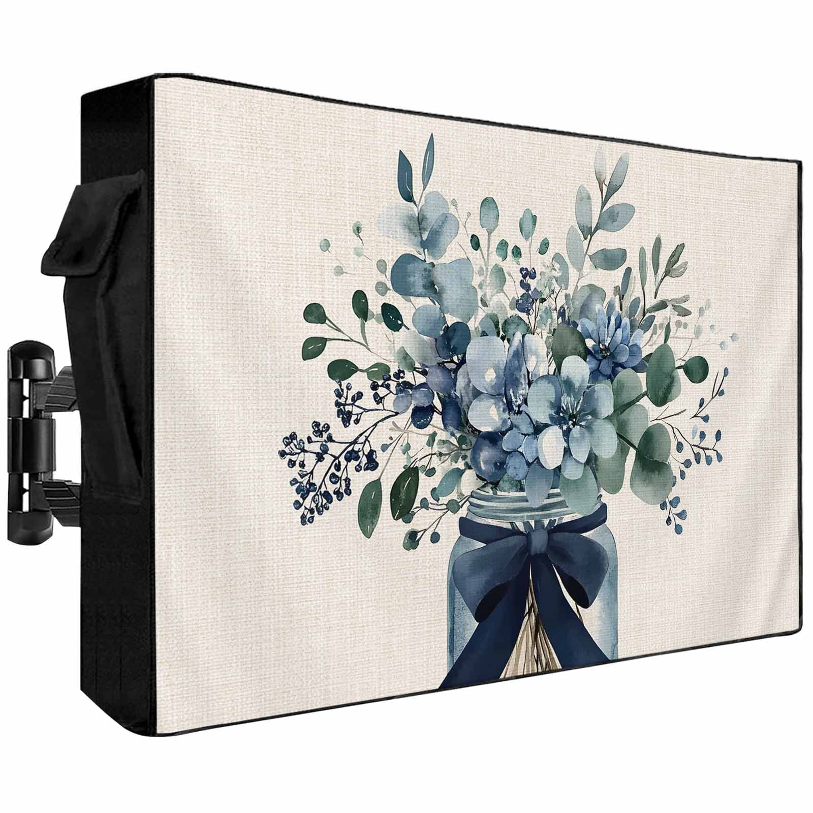 Blue Floral Outdoor TV Cover 60 to 65 inch Pastoral Eucalyptus Leaf Bow ...