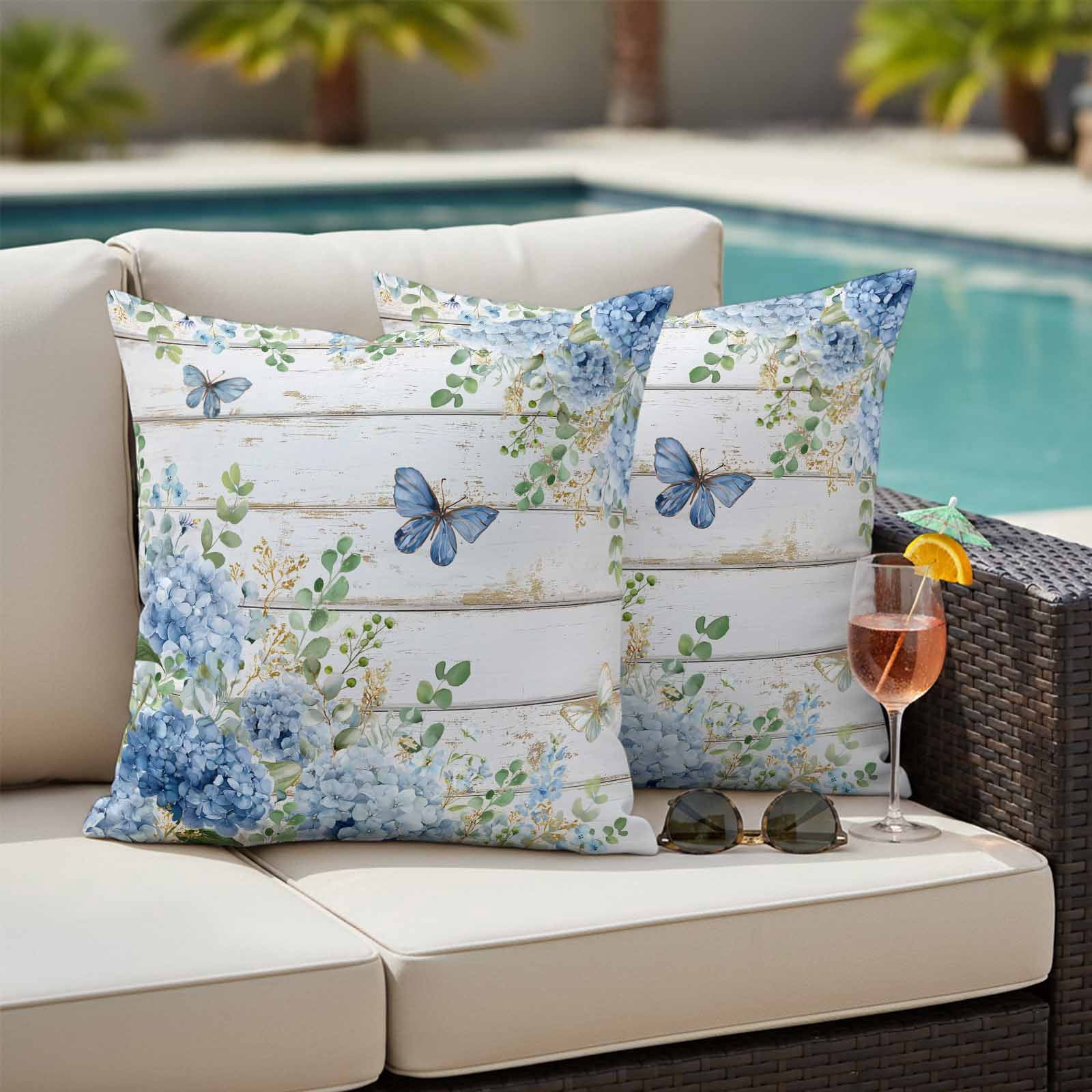 Blue Floral Outdoor Waterproof Throw Pillow Covers Set of 2, 26"x26 ...
