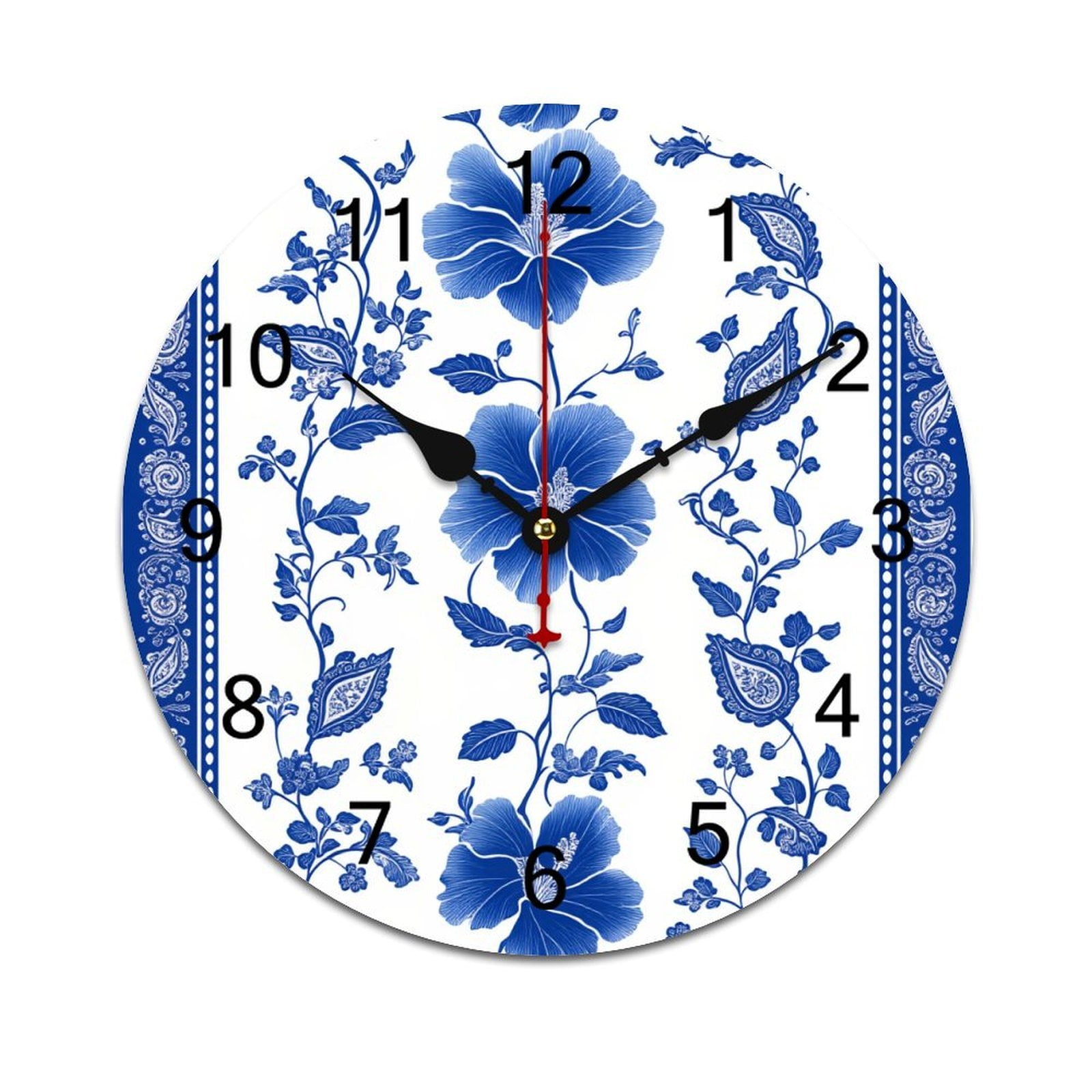 Blue Floral Paisley Border-1 Printed Silent Wall Clock Round Kitchen ...